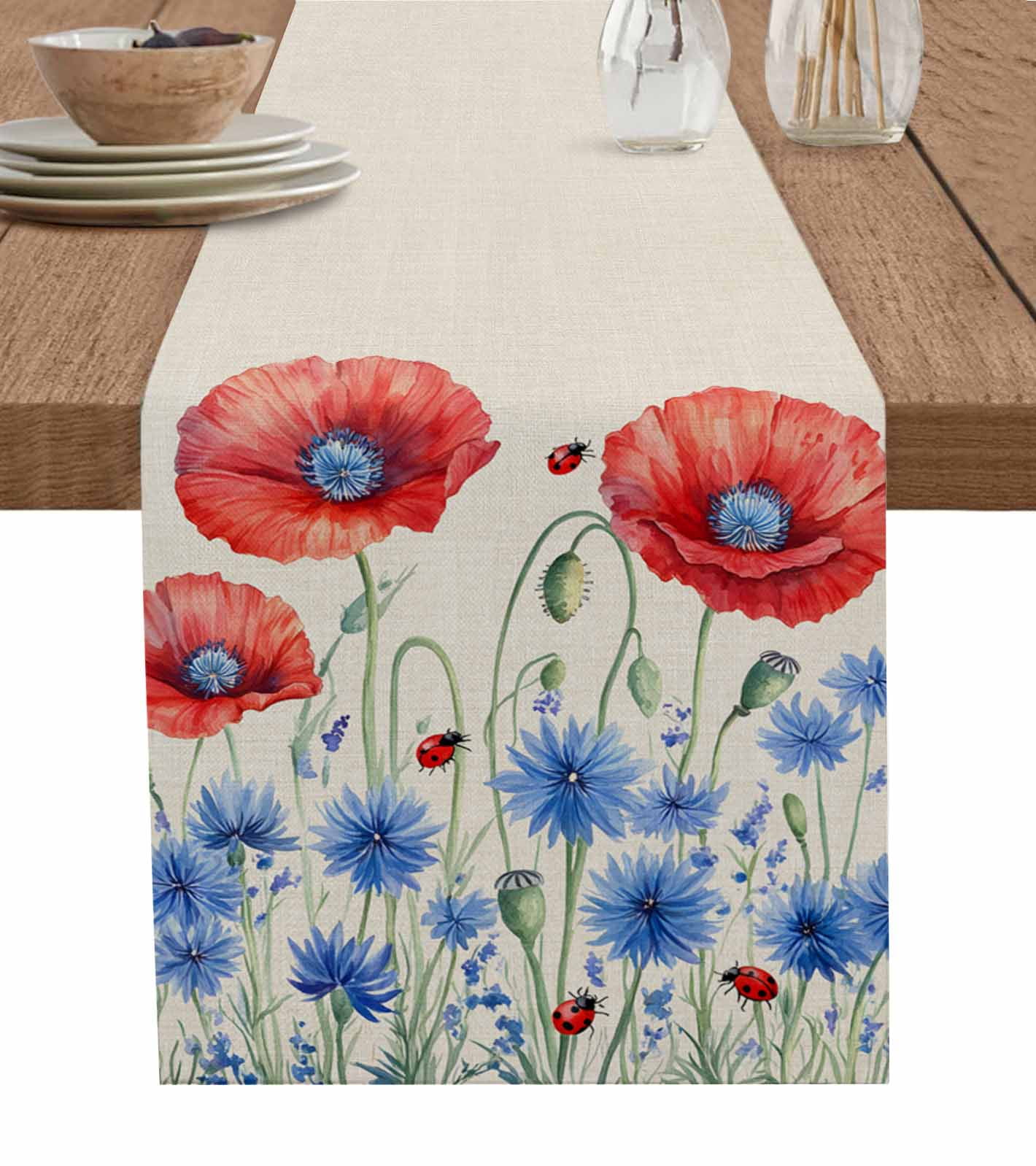 Poppy Flowers Table Runner 36 Inches, Red Bluel Independence Day ...