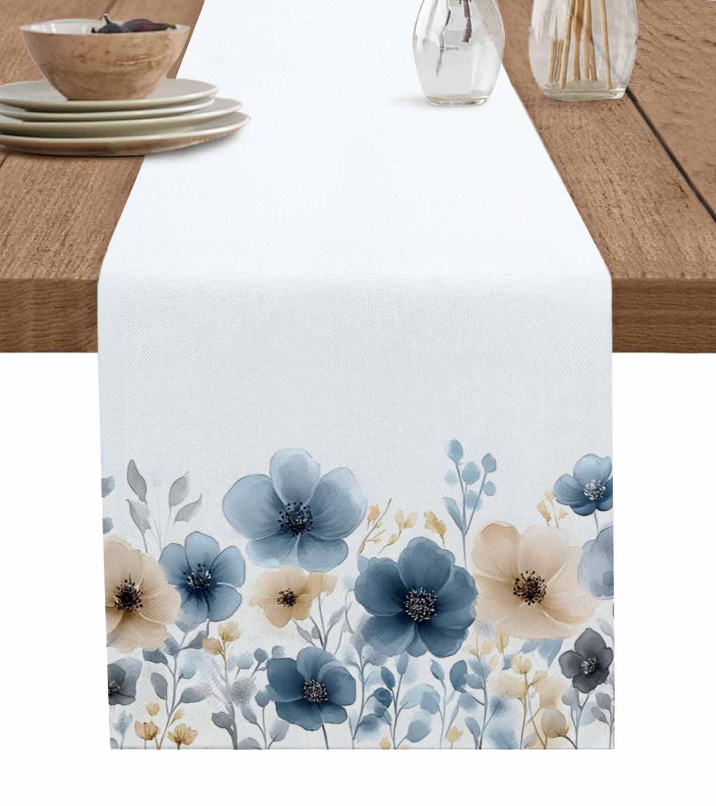 Poppy Flowers Table Runner 72 Inches, Pastoral Orange Blue Floral ...