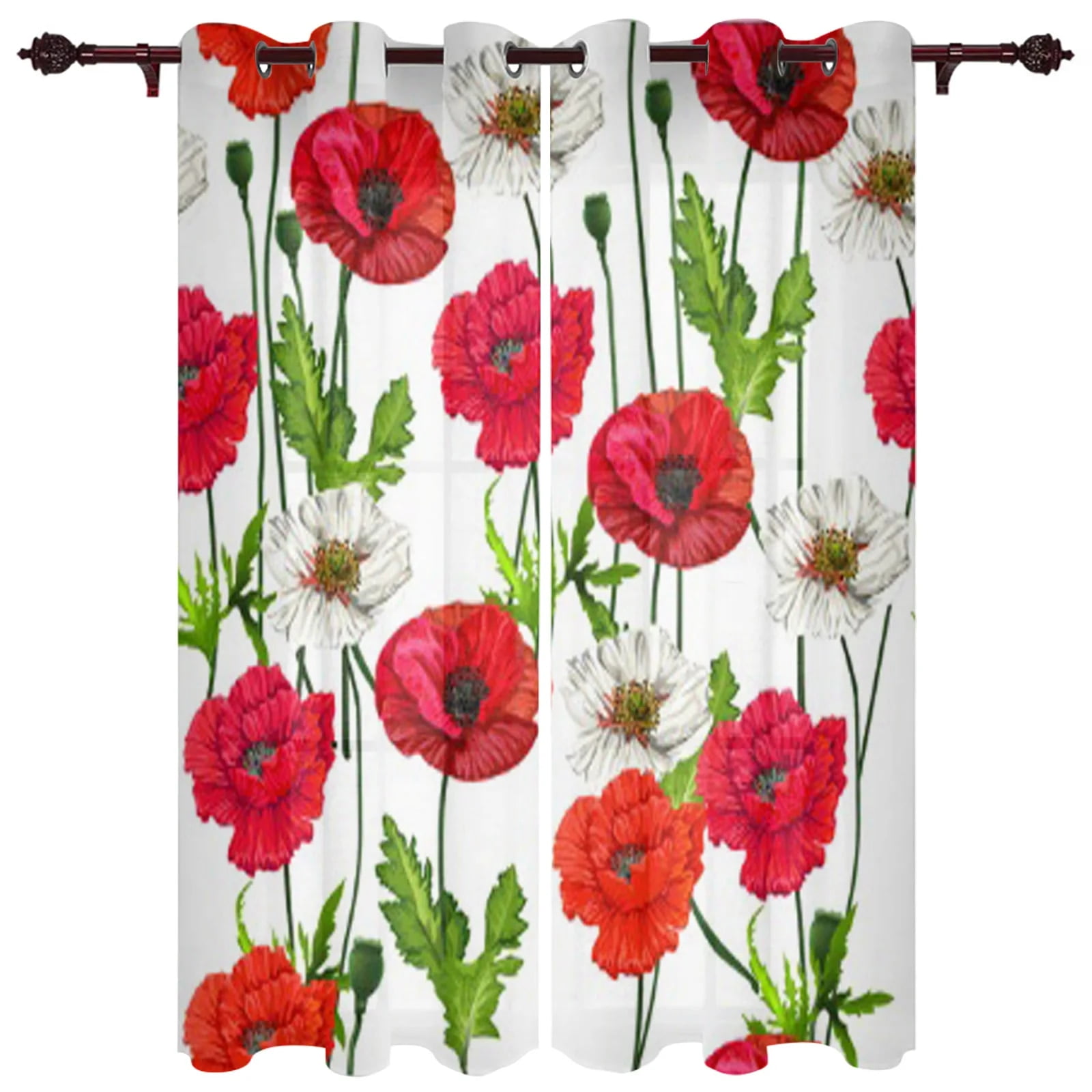 Poppy Flowers on White Background Luxury Window Curtain for Living Room ...