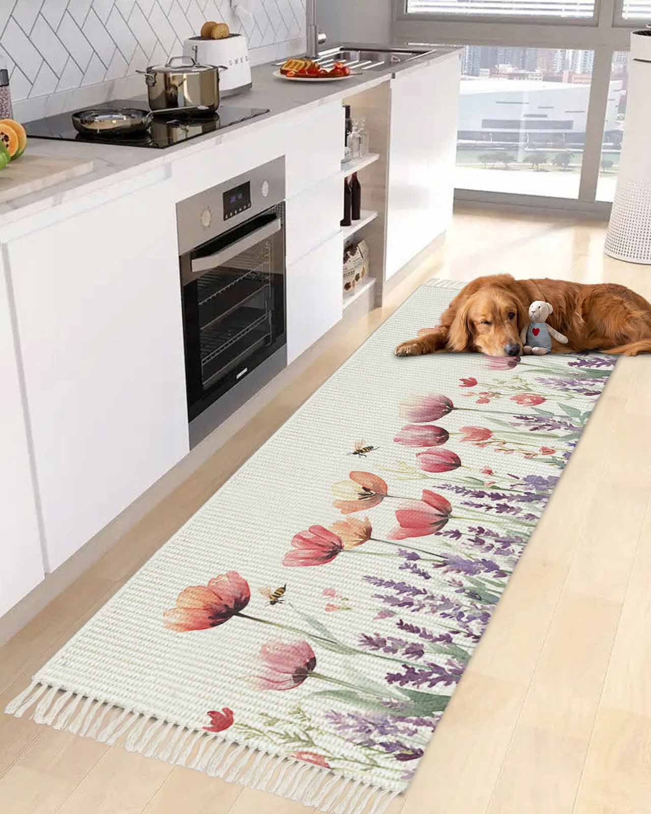 Poppy Lavender Runner Rug for Hallway 2x5ft, Spring Flowers Bee ...