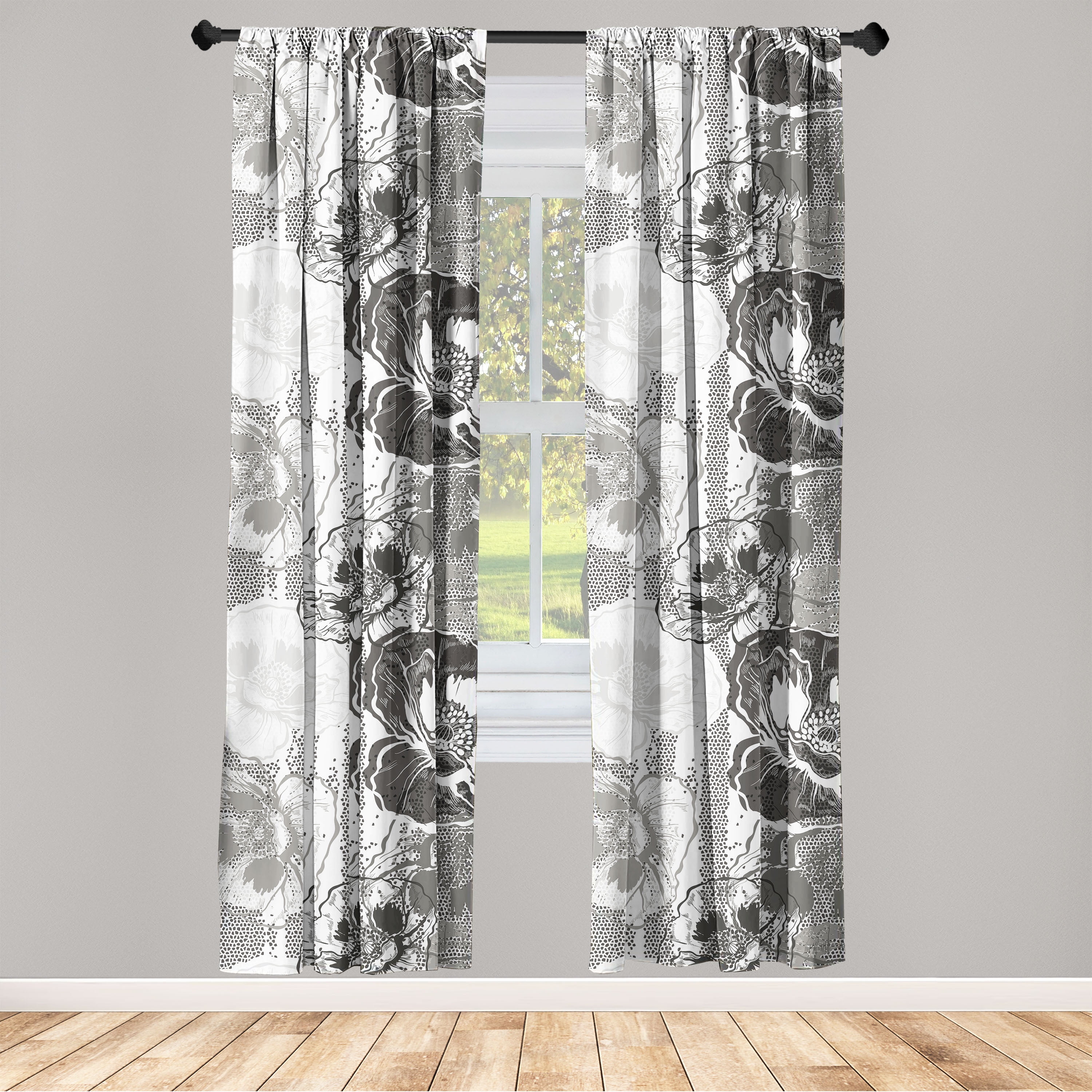Poppy Pattern Window Curtains, Grunge Dreamy Silhouettes of Flowers ...