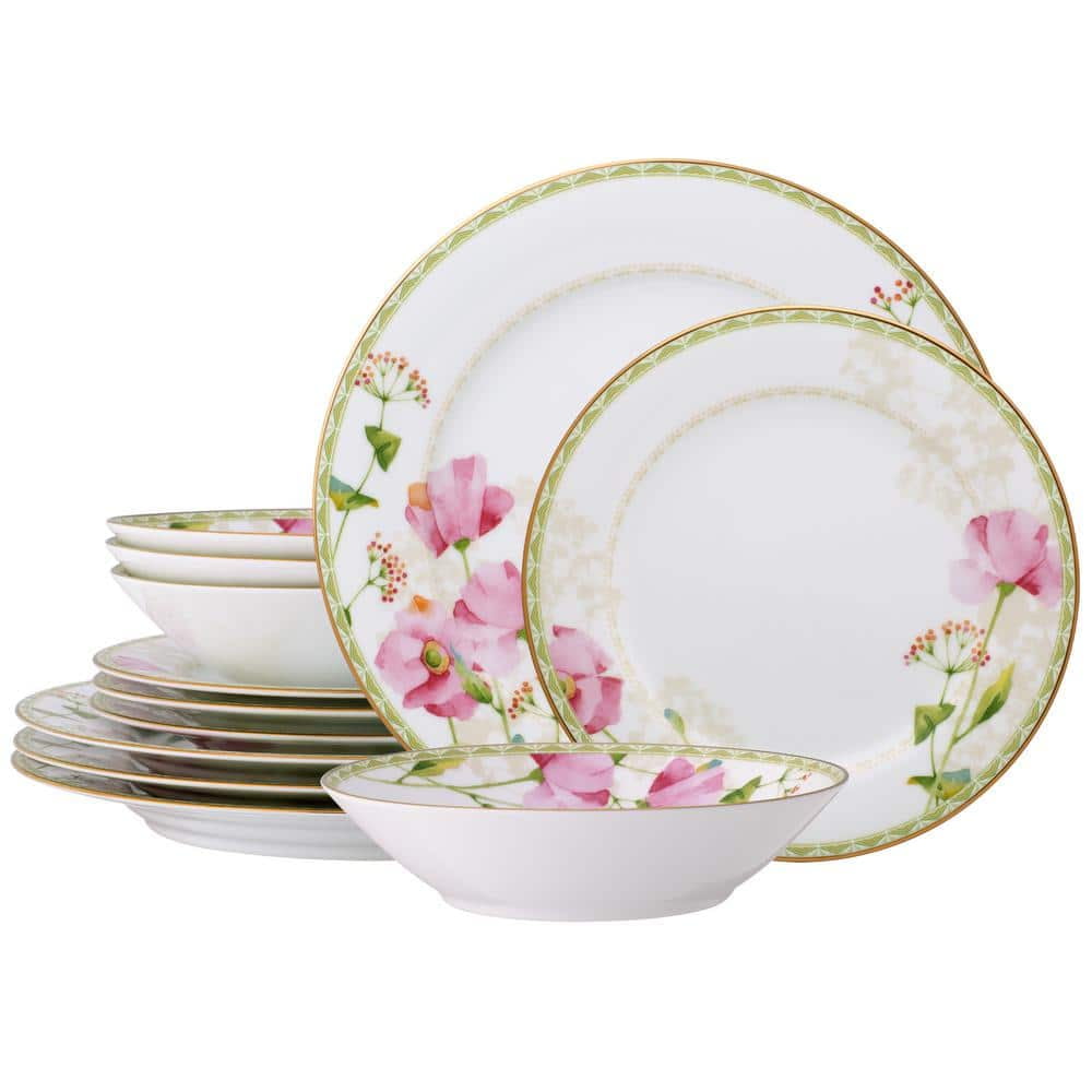 Poppy Place (White and Pink) Porcelain 12-Piece Dinnerware Set, Service ...