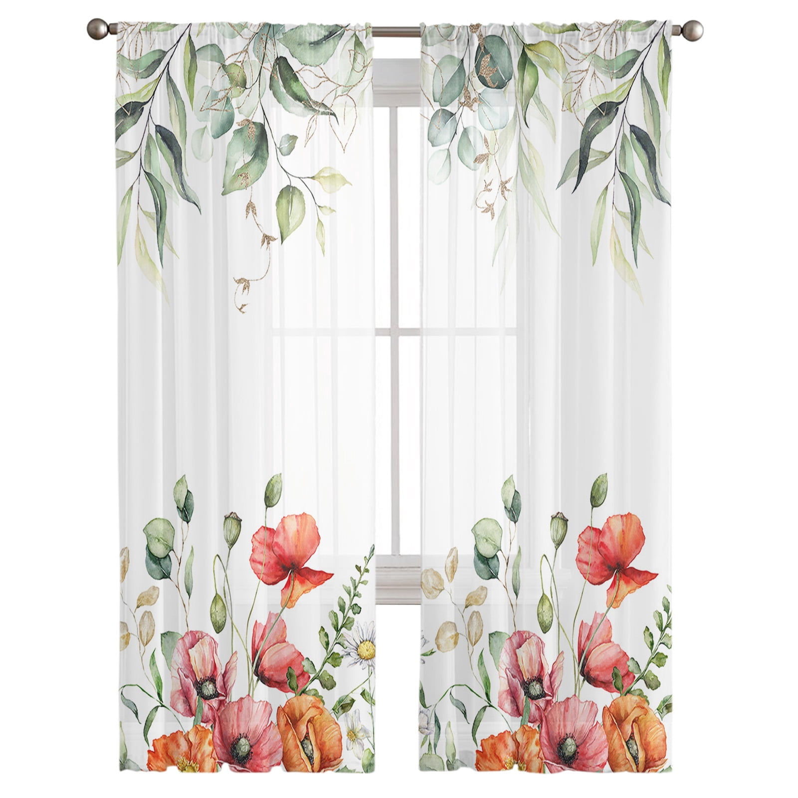 Poppy Plant Border Sheer Curtain for Living Room Bedroom Voile Drape ...