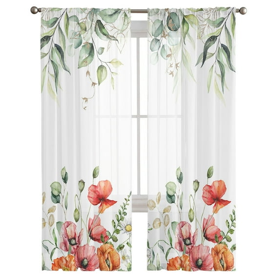 Poppy Plant Border Sheer Curtain for Living Room Bedroom Voile Drape ...