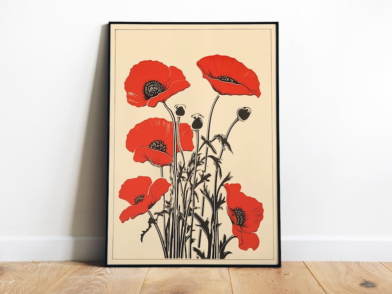 Poppy Printable Vintage Art, Retro Poppies Print, Botanical Wall Art ...