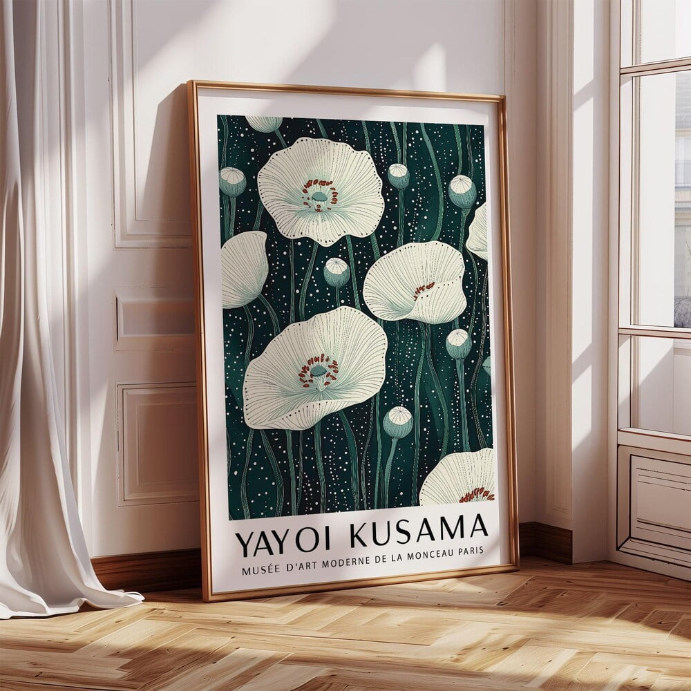 Poppy Prints White Poppy Flower Illustration With Green Stems And Dark ...