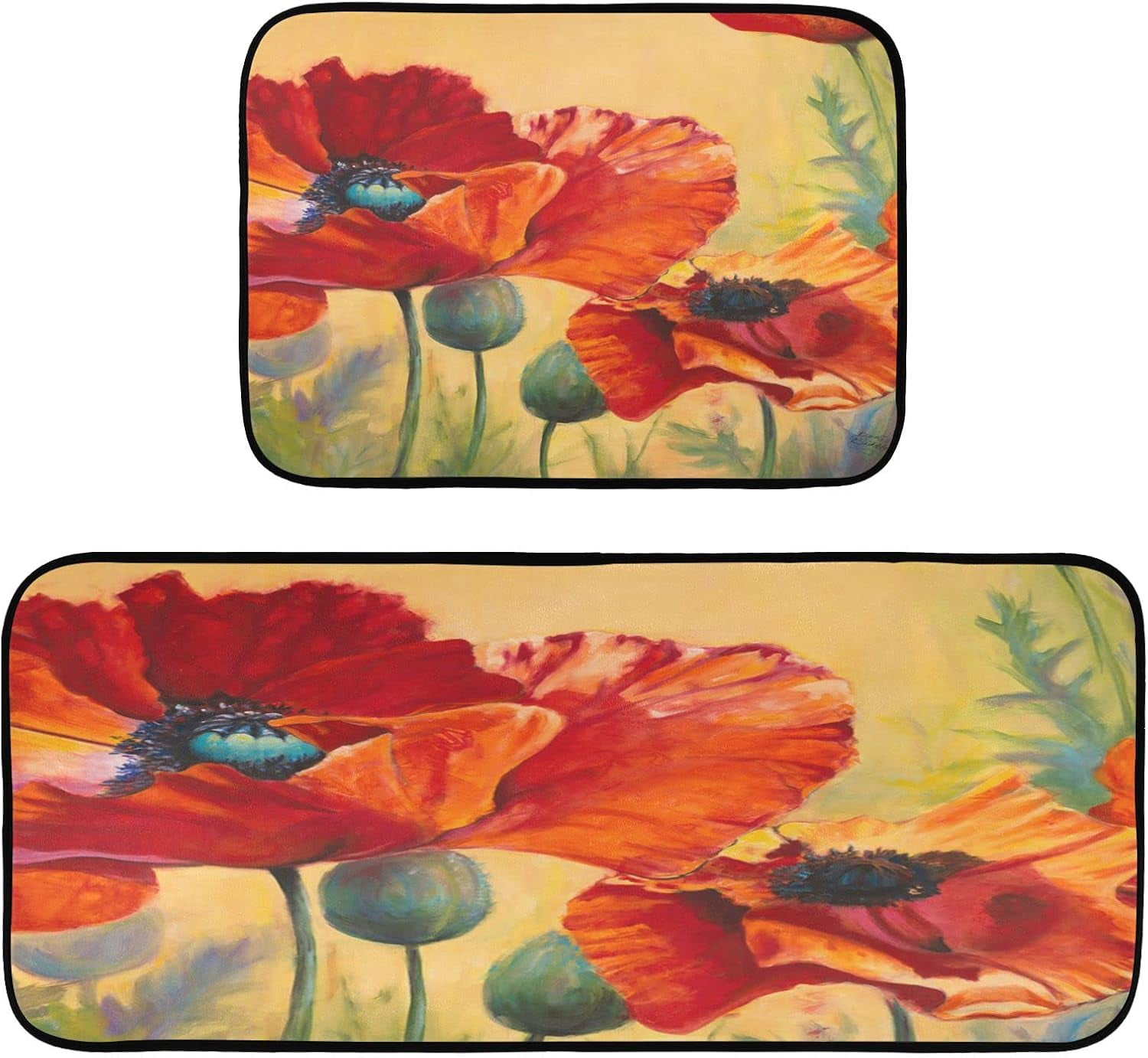 Poppy Red Flowers Kitchen Rugs Sets of 2 Non Slip Kitchen Mat Polyester ...