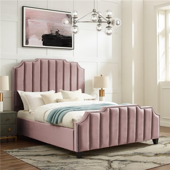 Poppy Velvet Channel Tufted King Bed with Silver Nailhead Trim, Pink ...