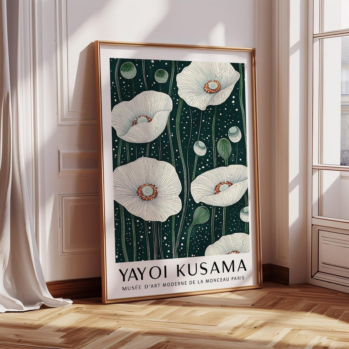 Poppy Wall Art White Poppy Flower Print With Green Stems On Dark ...