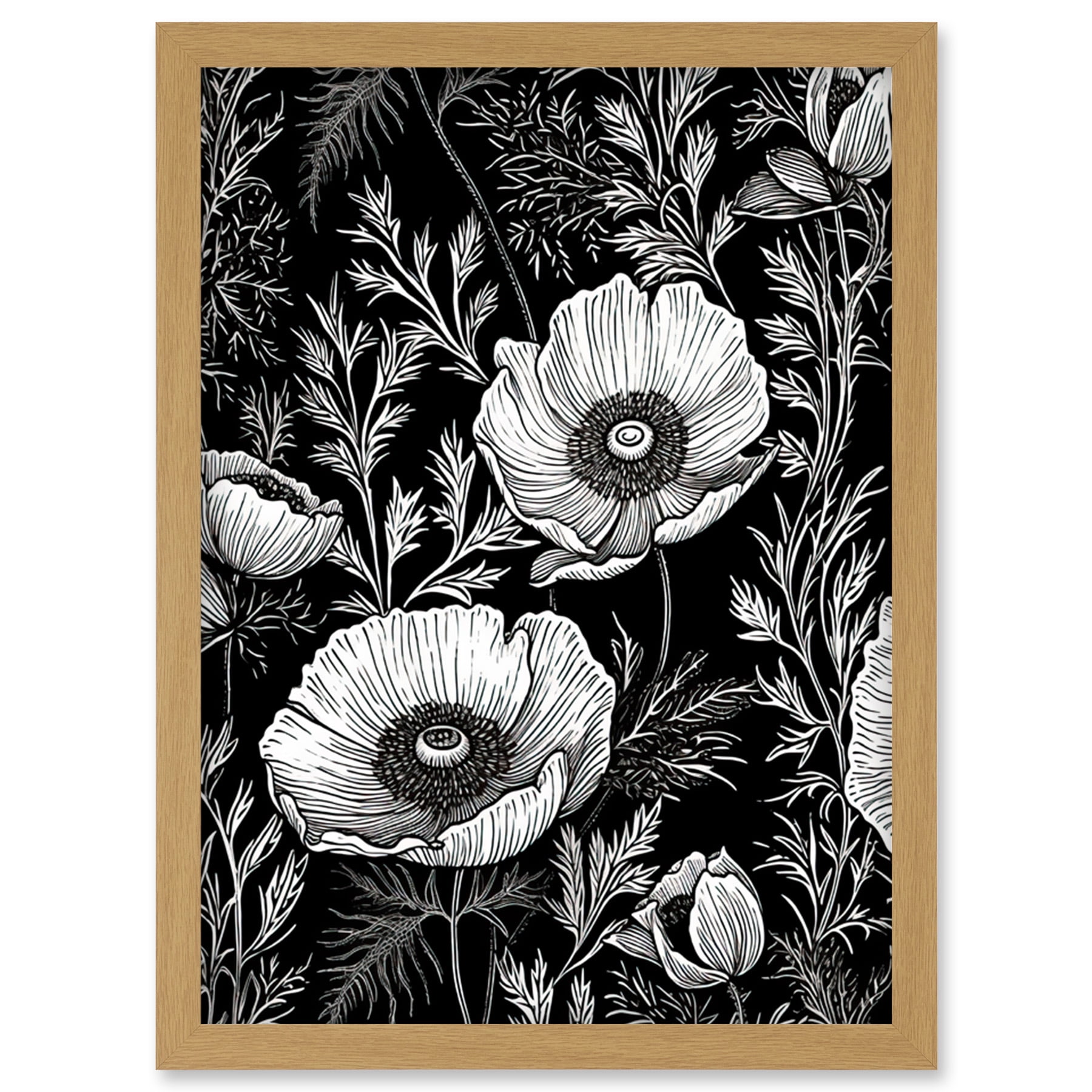 Poppy Wild Flower Pattern Black and White Linocut Artwork Framed Wall ...
