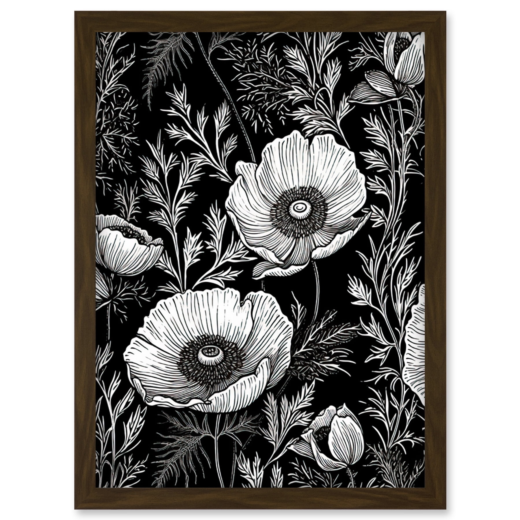 Poppy Wild Flower Pattern Black and White Linocut Artwork Framed Wall ...