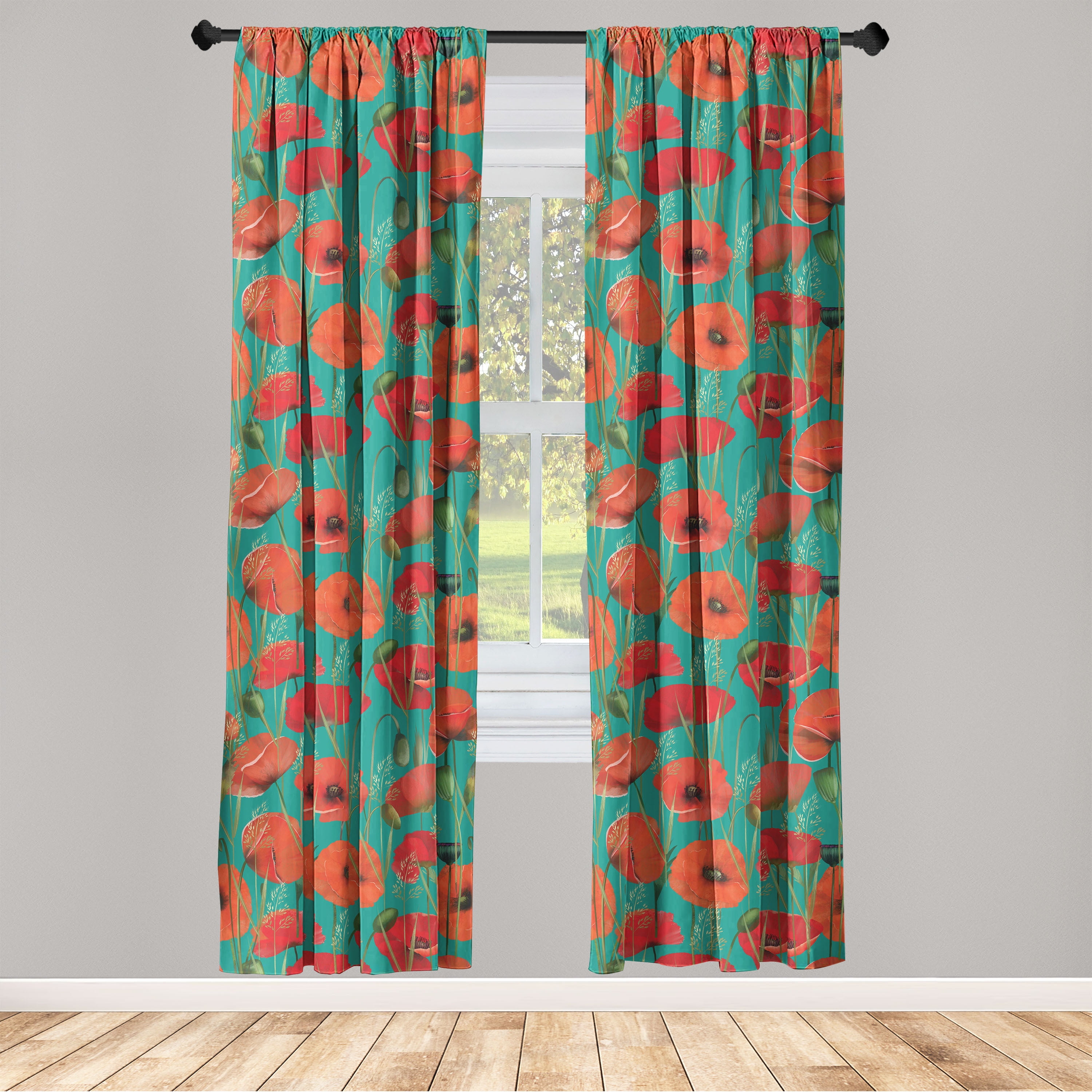 Poppy Window Curtains, Retro Meadow Blossom of Flowers Romantic Botanical Design Pattern ...