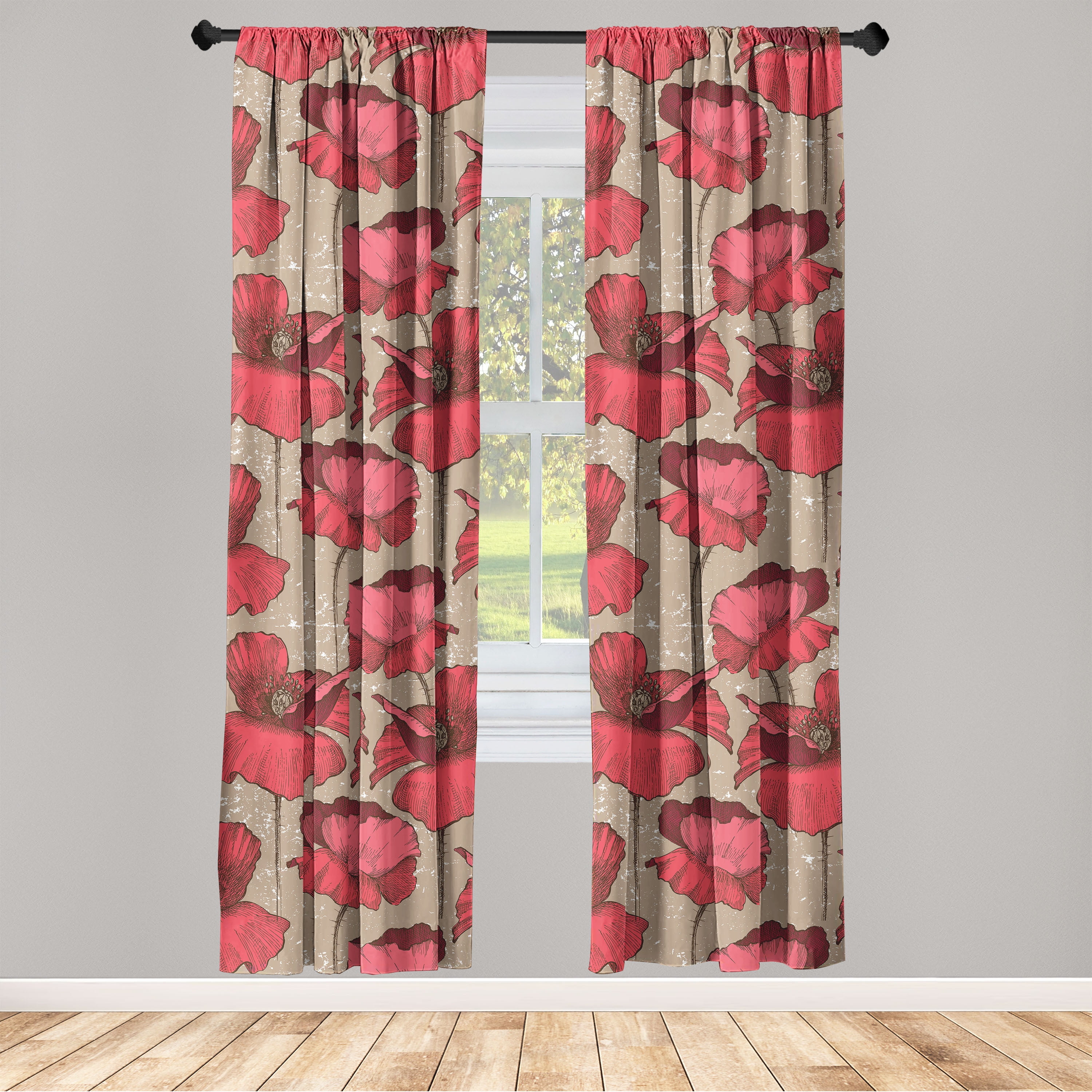 Poppy Window Curtains, Retro Style Garden Floral Blooming Ornament on ...