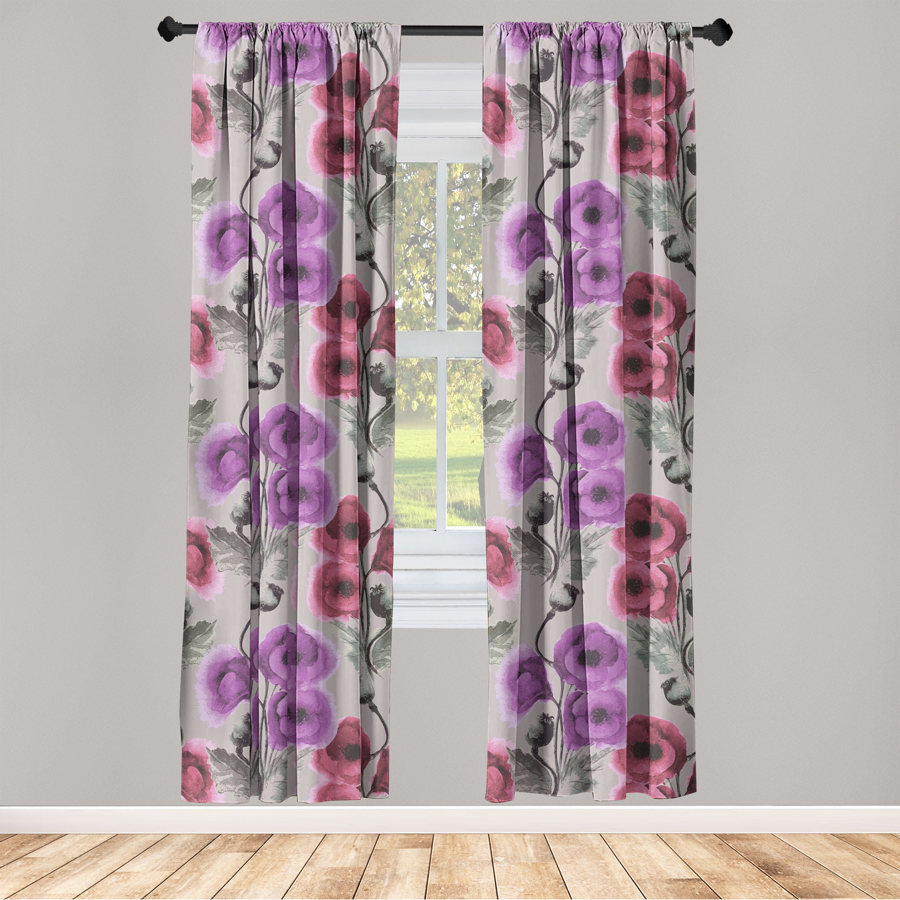 Poppy Window Curtains, Retro Themed Vertical Jungle Boho Floral Design ...
