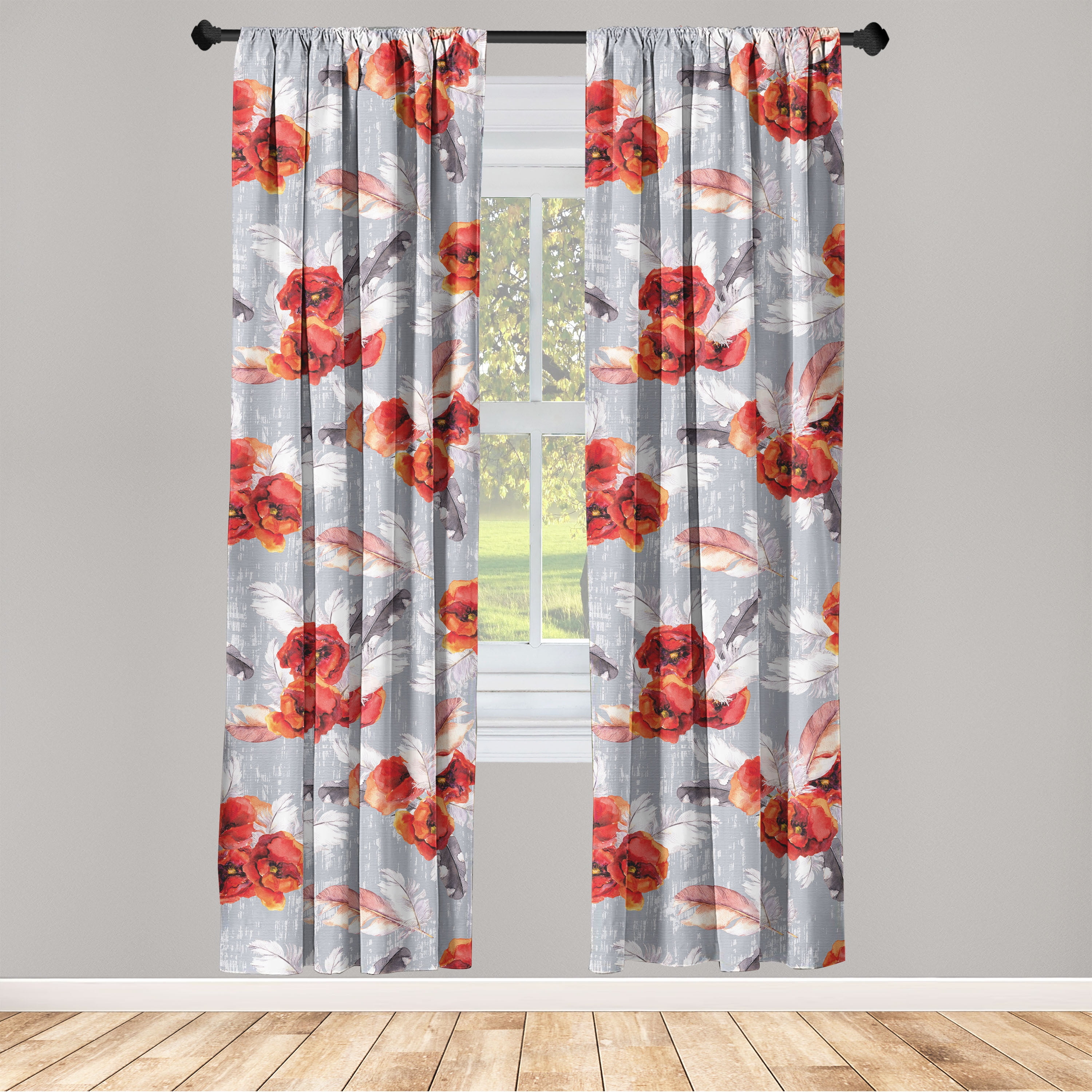 Poppy Window Curtains, Vintage Themed Flowers Boho Pattern with ...