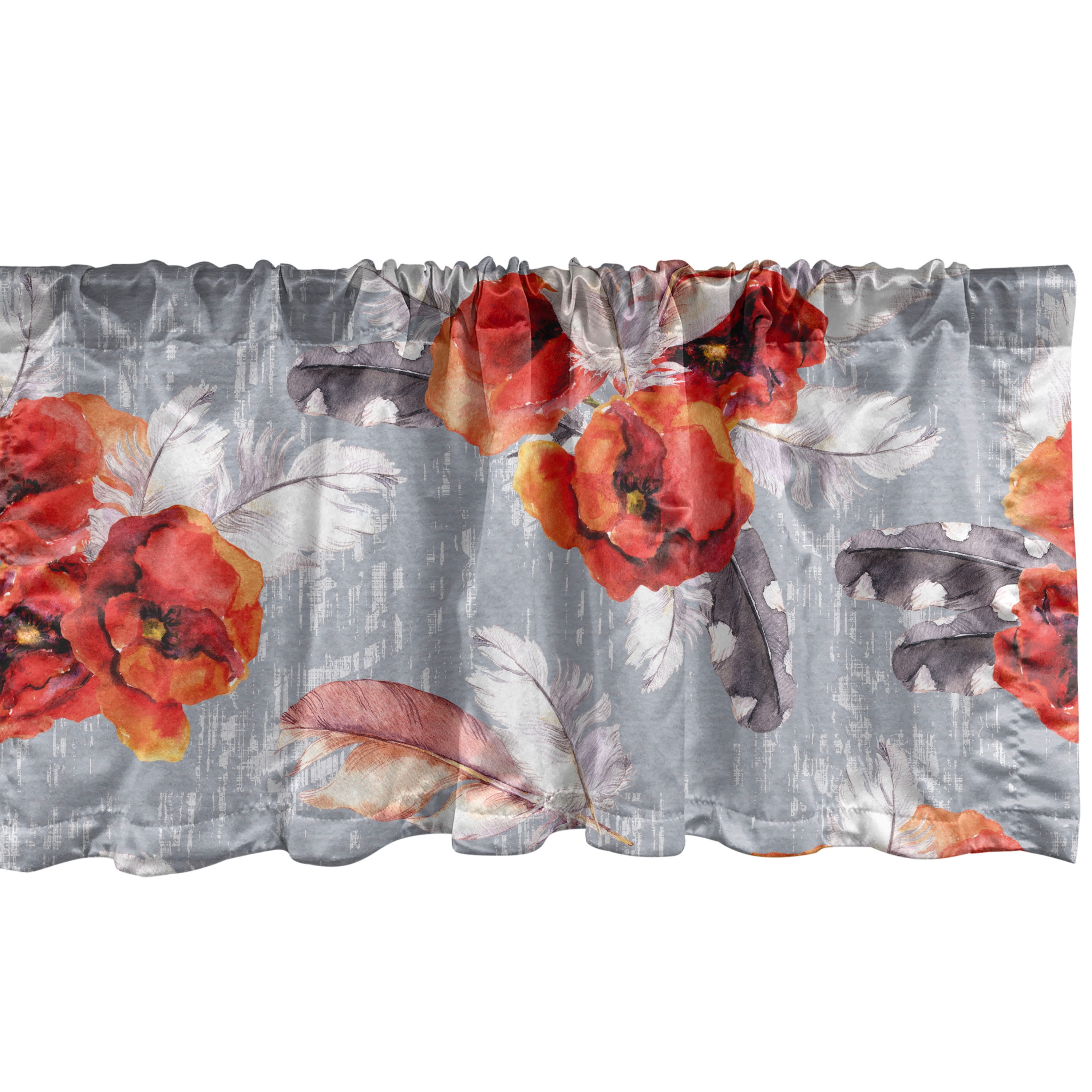 Poppy Window Valance, Vintage Themed Flowers Boho Pattern with Feathers ...