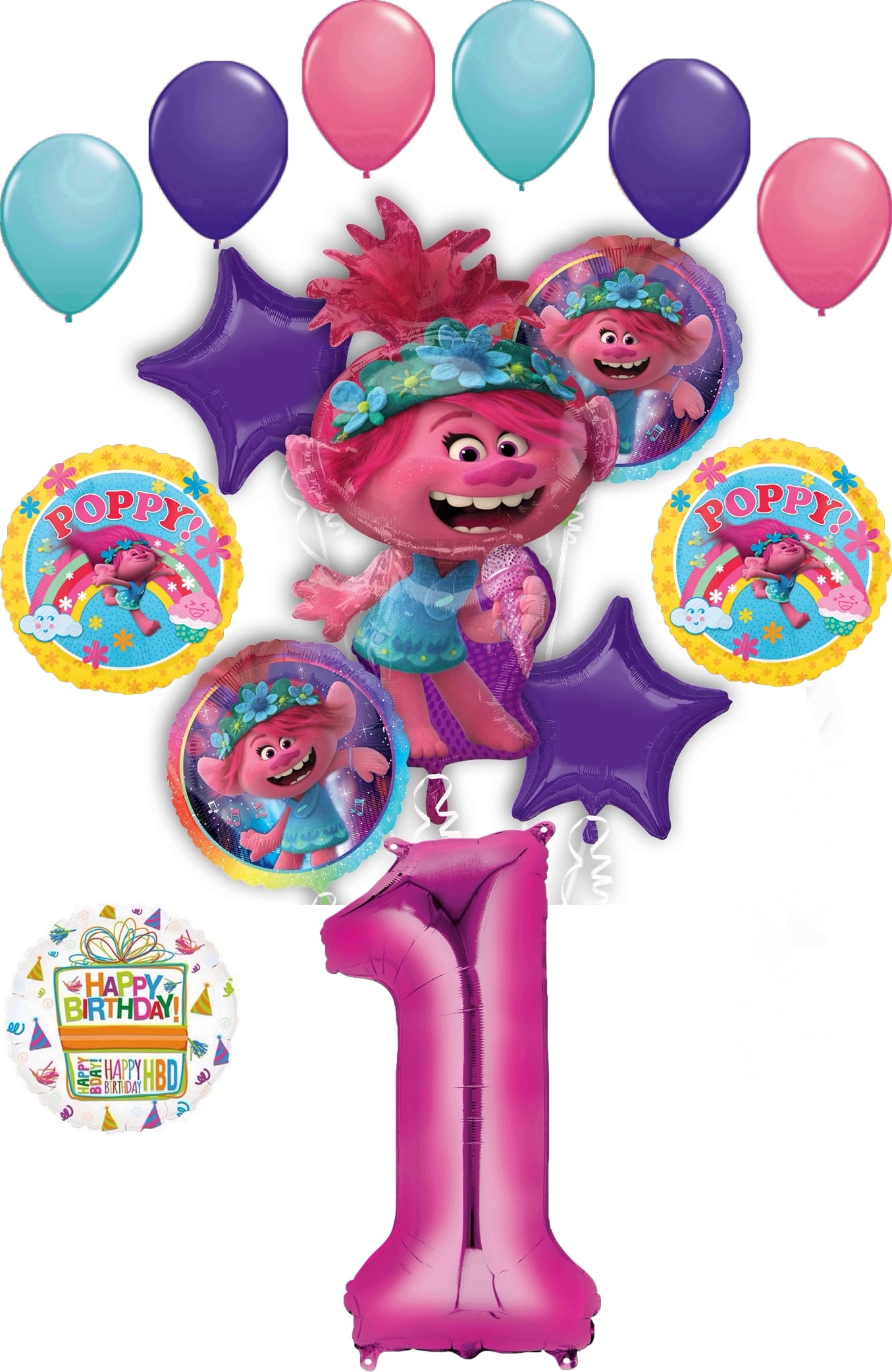 Poppy World Tour 1st Birthday Party Supplies 15pc Balloon Bouquet ...