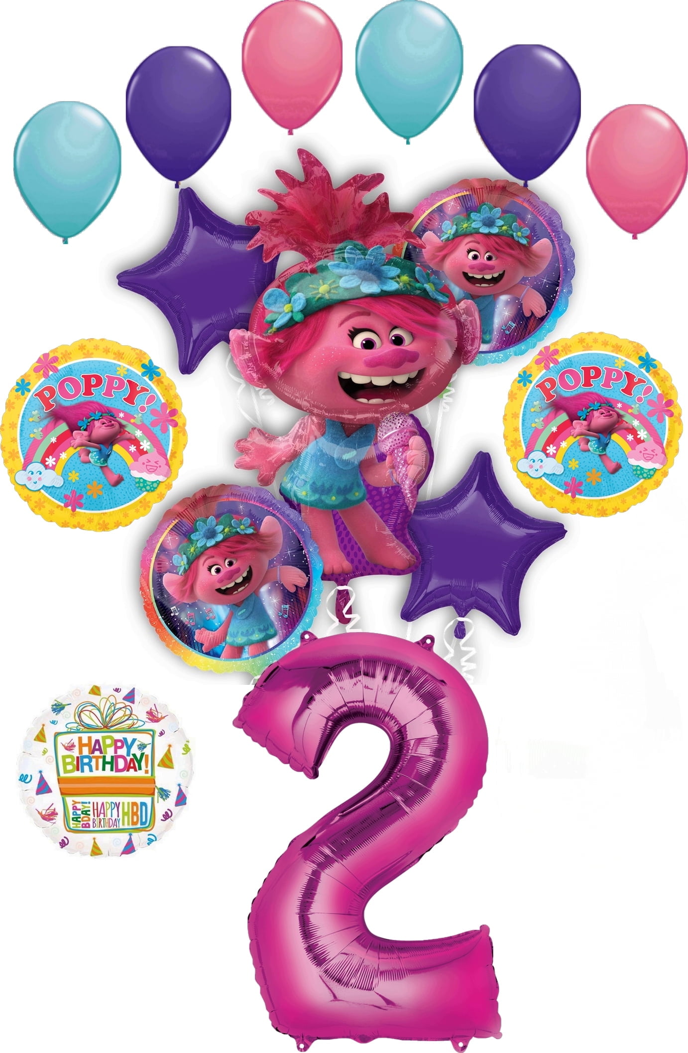 Poppy World Tour 2nd Birthday Party Supplies 15pc Balloon Bouquet ...