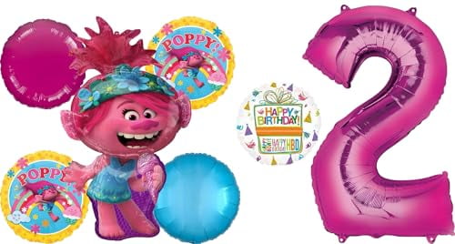 Poppy World Tour 2nd Birthday Party Supplies 7pc Balloon Bouquet ...