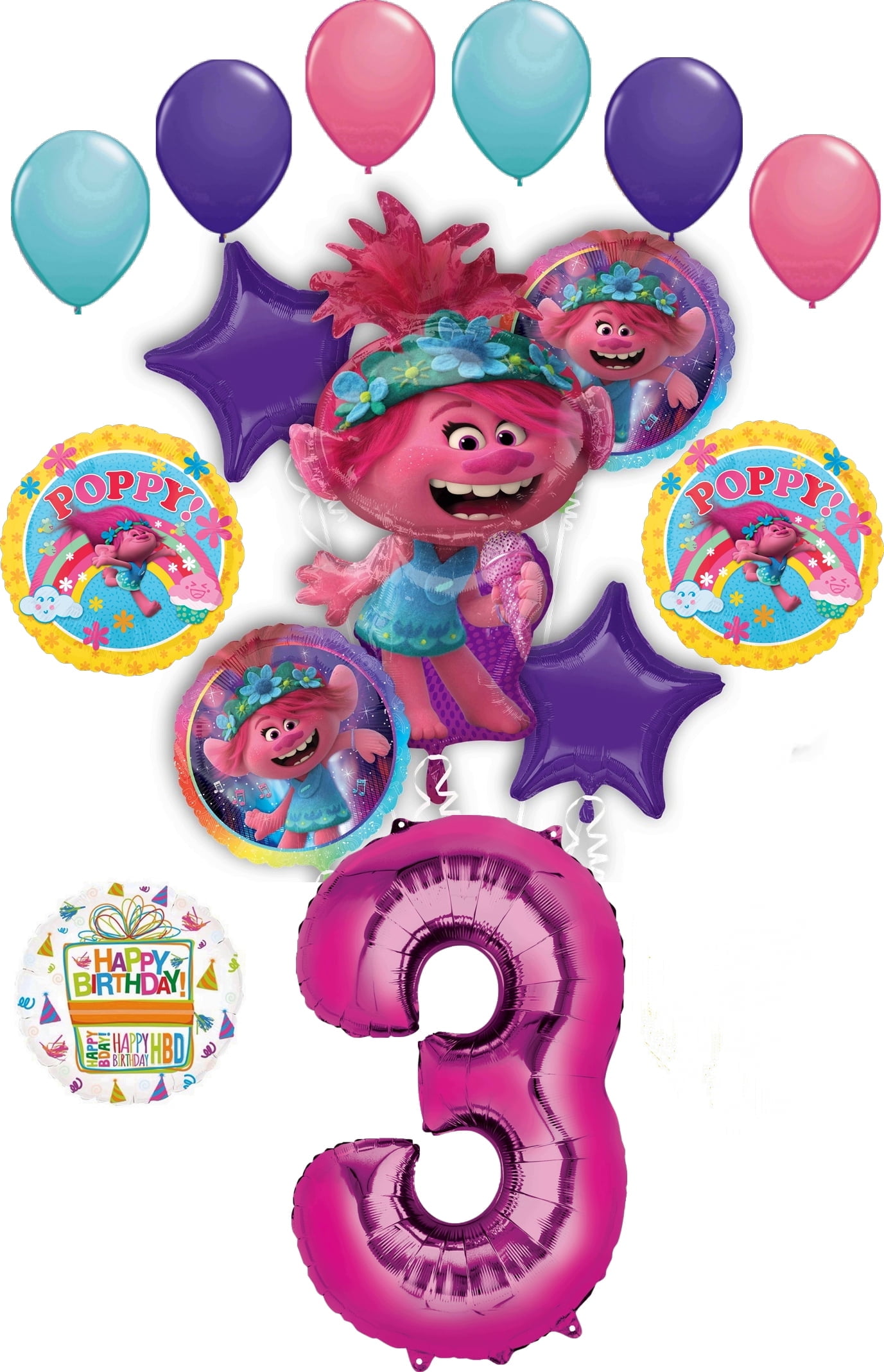 Poppy World Tour 3rd Birthday Party Supplies 15pc Balloon Bouquet ...