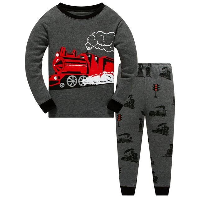 Toddler Train Pajamas Boys 2 Piece Pjs Set Cotton Top Fleece Pants Sleepwear (Fire Train-38 7T ...
