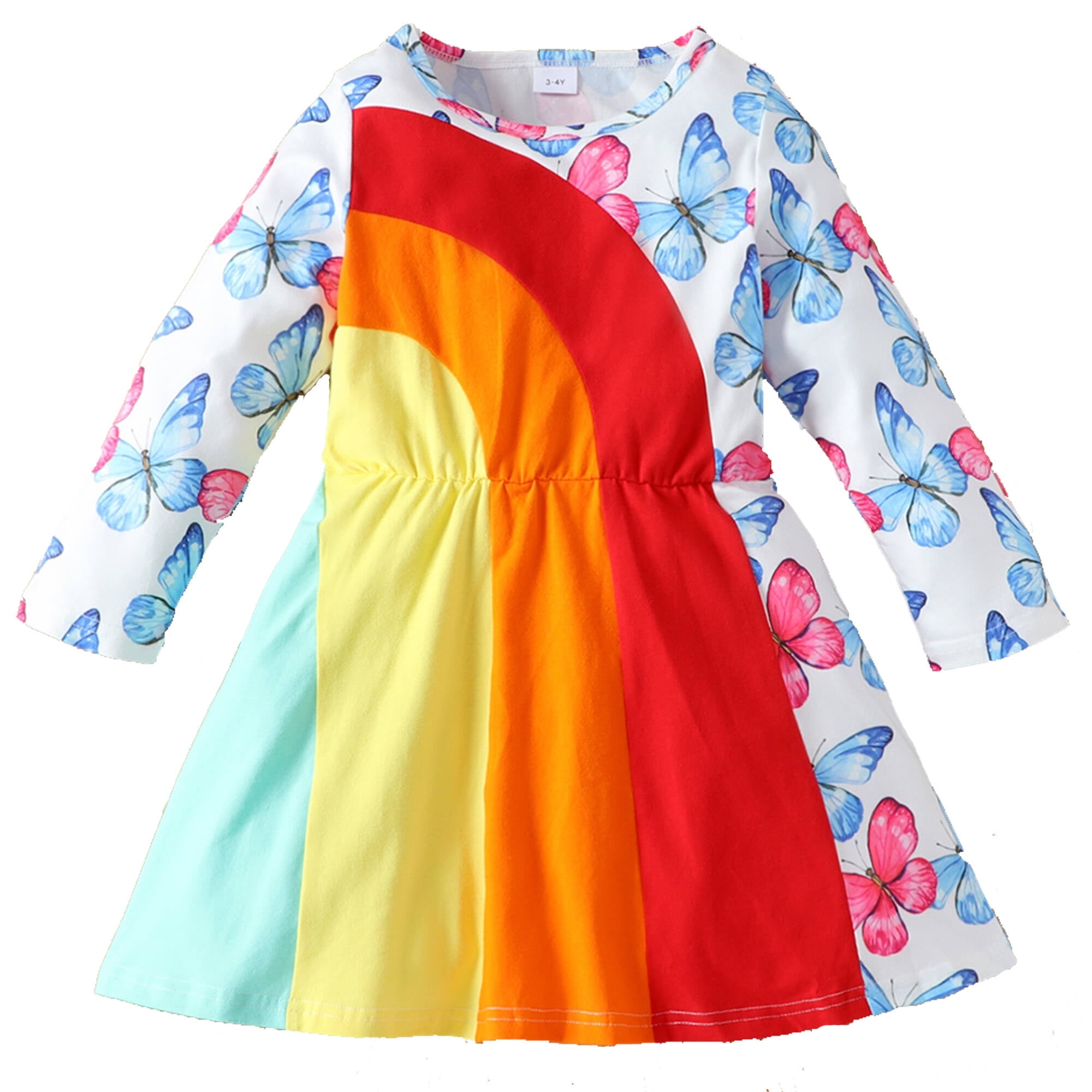 Popshion Little Girls Butterfly Rainbow A-Line Dress Long Sleeve Summer ...