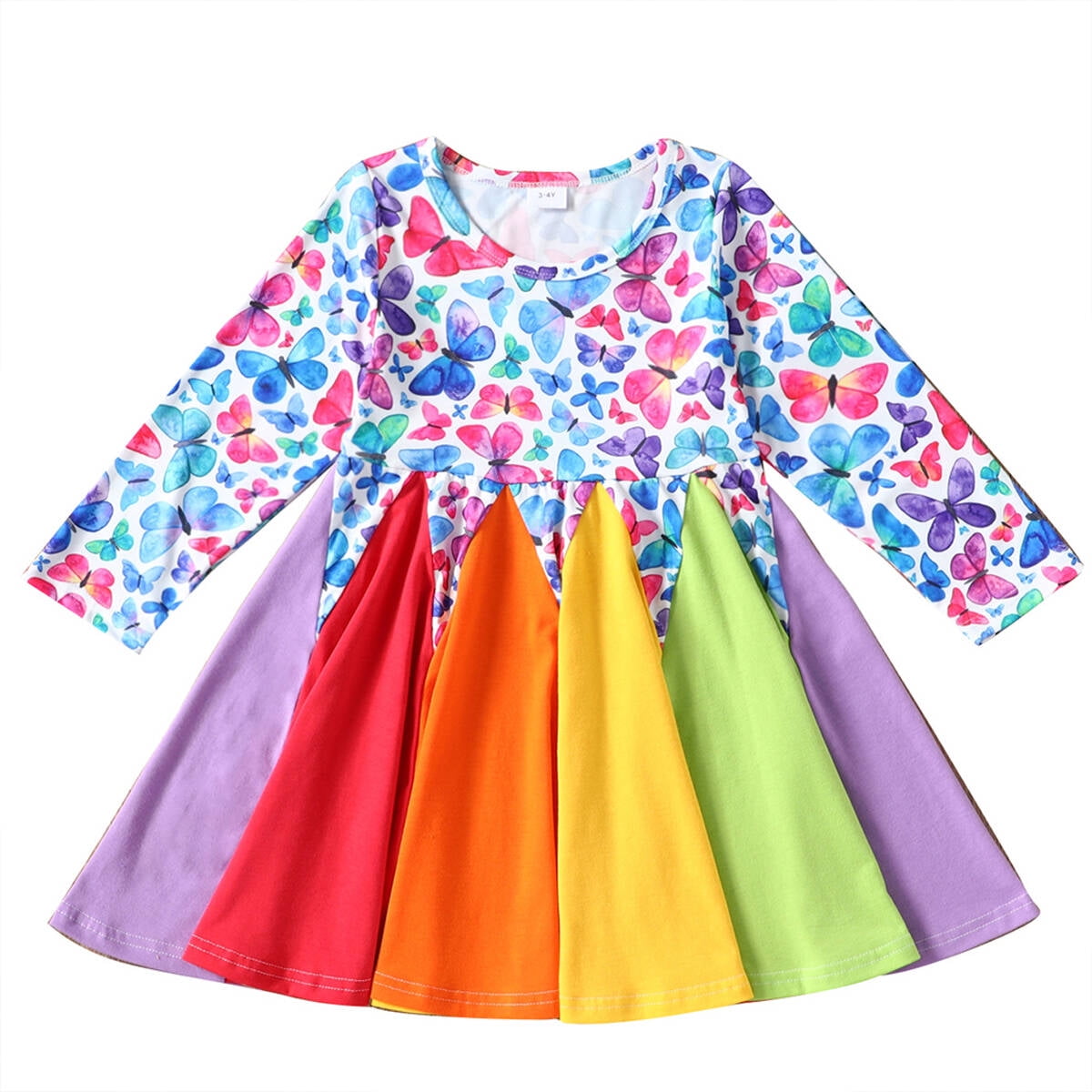 Popshion Little Girls Butterfly Rainbow Twirl Dress Long Sleeve Fall ...