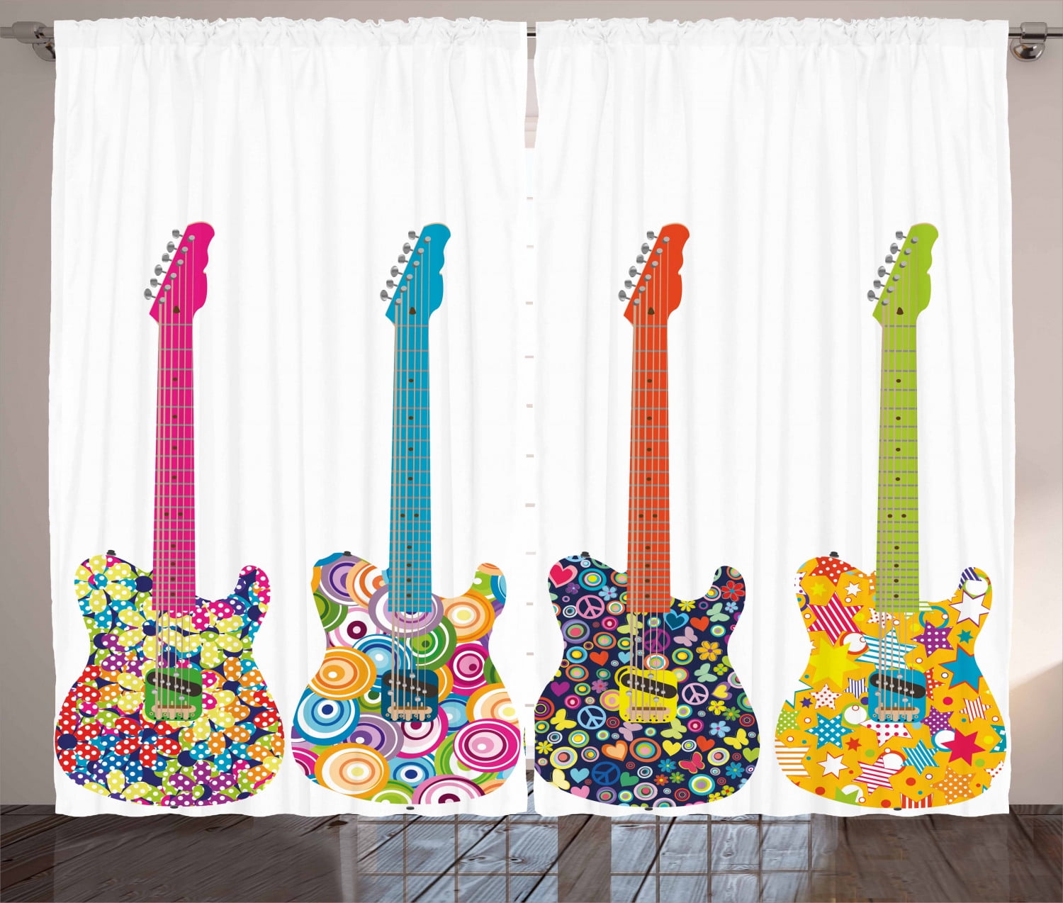 Ambesonne Popstar Party Curtains 2 Panel Set, Colorful Flowers Star ...