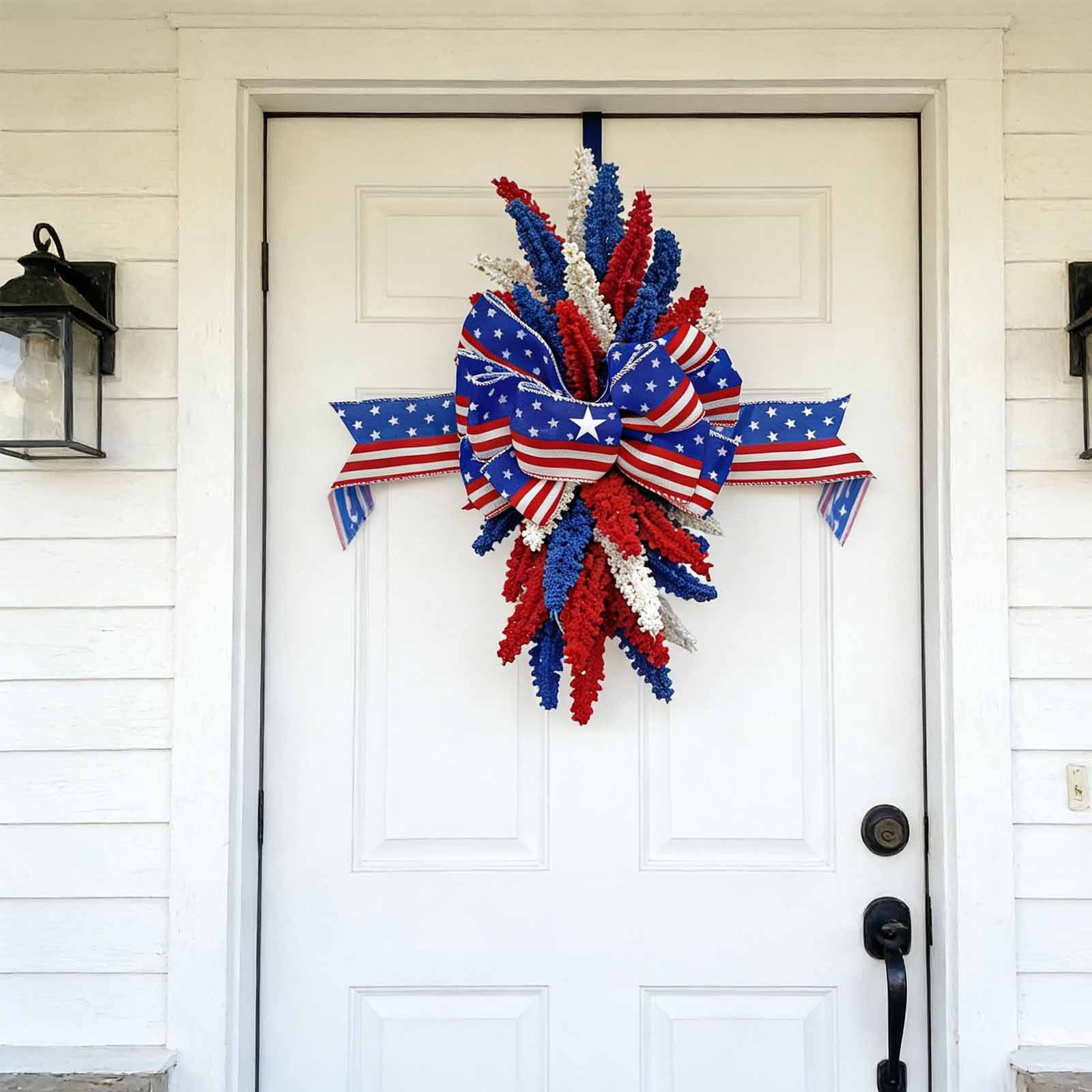 Patriotic Door Swag with American Flag Bow and Red White Blue Wheat ...
