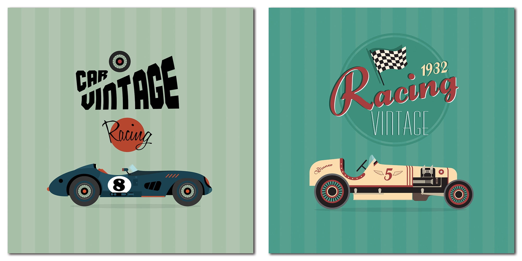 Popular Vintage Green and Teal Race Car Poster Set; Two 12x12in Poster ...