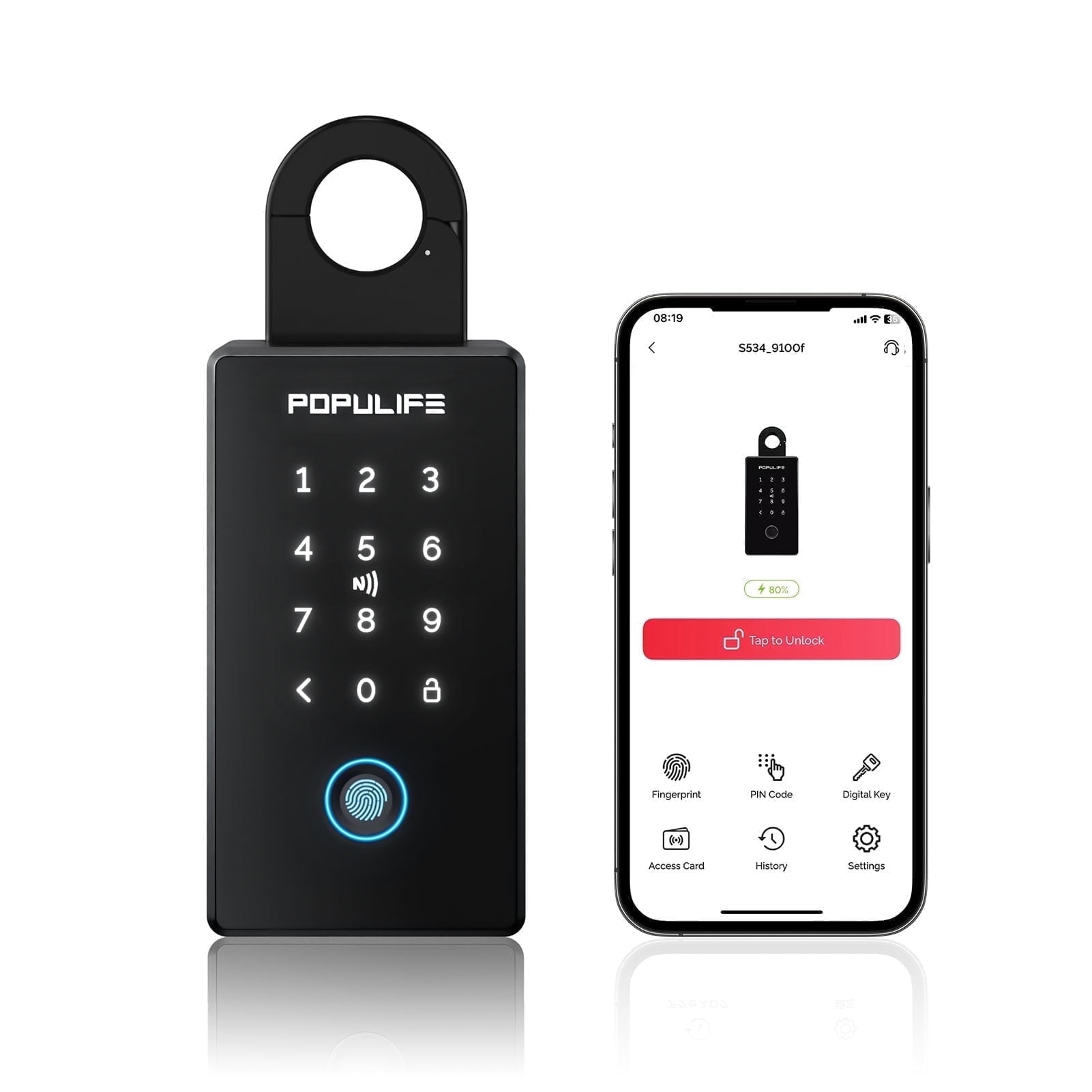 Populife Fingerprint Smart Key Lock Box - Bluetooth Door Lock Box, IP66 ...