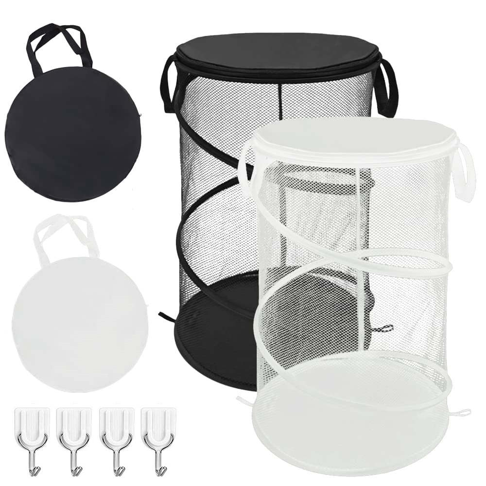 Popup Laundry Hamper with Lid 2PCS Set, White & Black Foldable Mesh ...