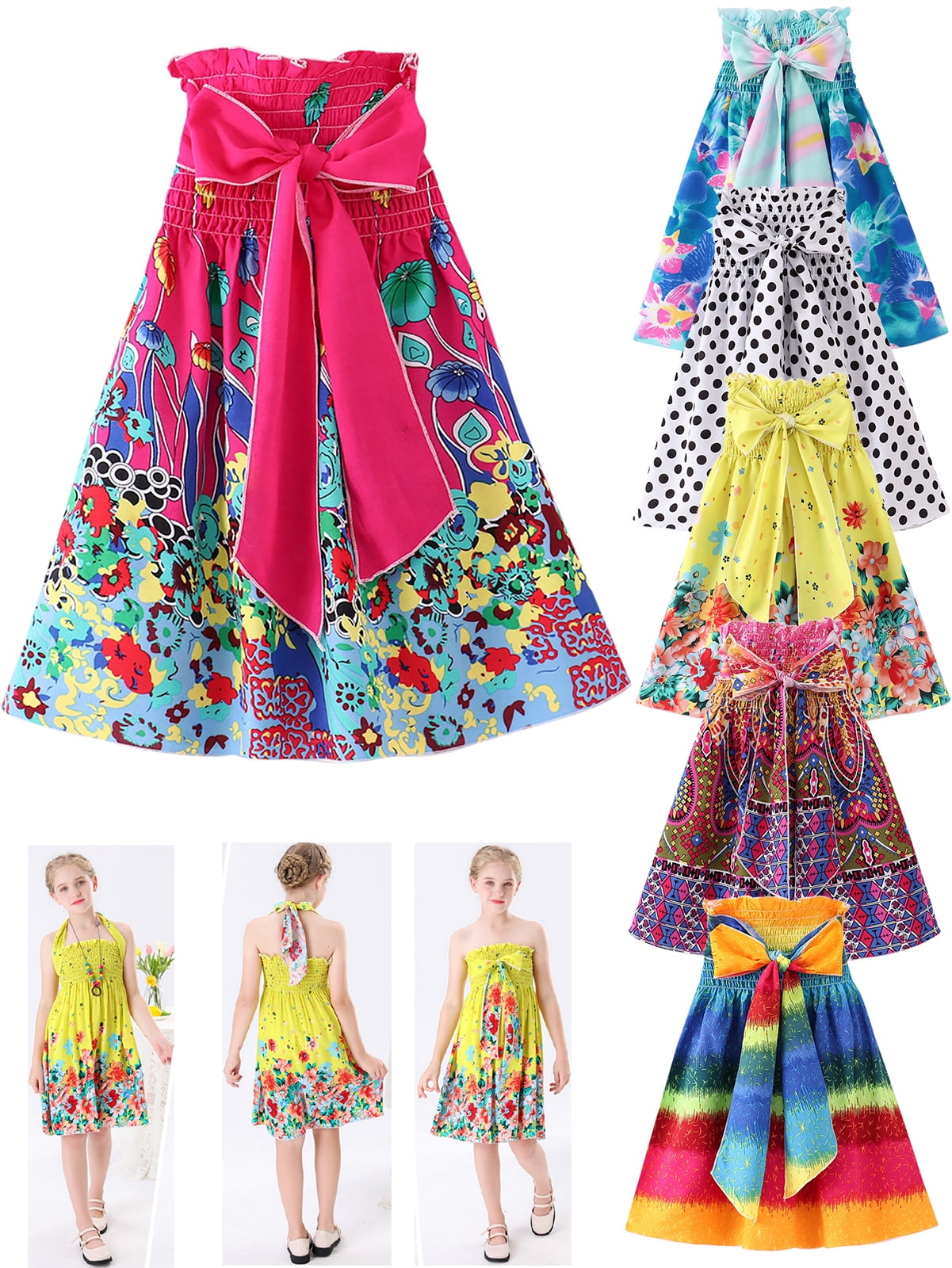 Popvcly 2-8T Kids Toddler Girls Bohemian Flowers Bowknot Sleeveless ...