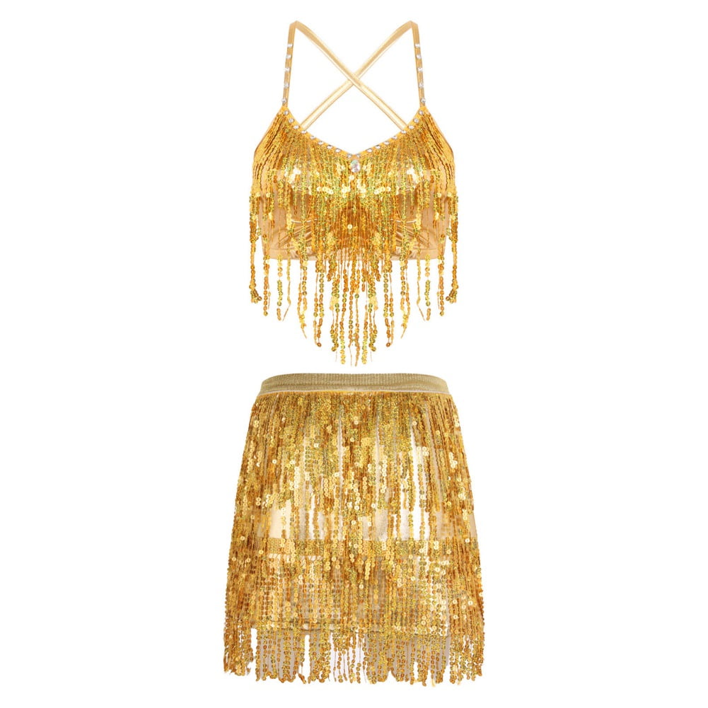 Popvcly Belly Dance Hip Skirt with Bra Top Sequins Tassel Hip Scarf Rave Party Costume for Women ...