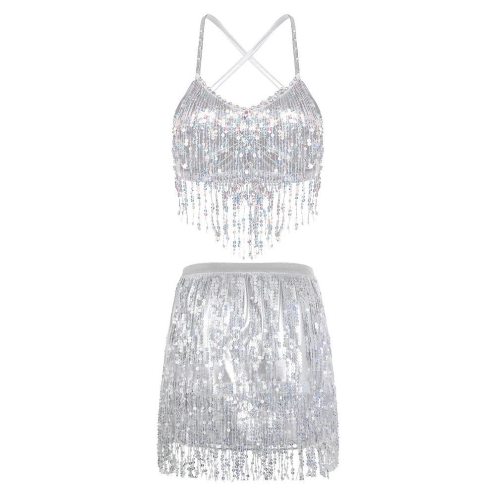 Popvcly Belly Dance Hip Skirt with Bra Top Sequins Tassel Hip Scarf Rave Party Costume for Women ...