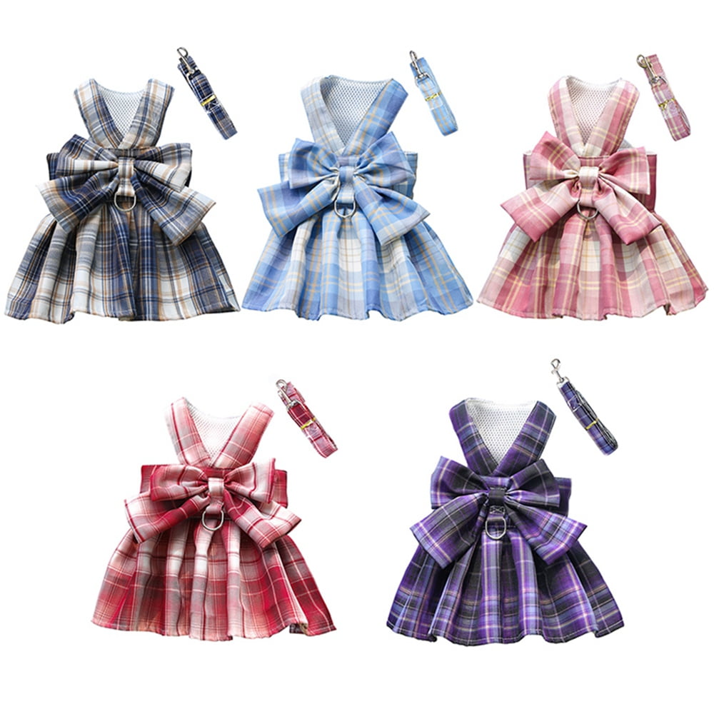 Popvcly Dog Dress Harnesses with Leash Set 5 Pack JK Plaid Puppy Girl ...