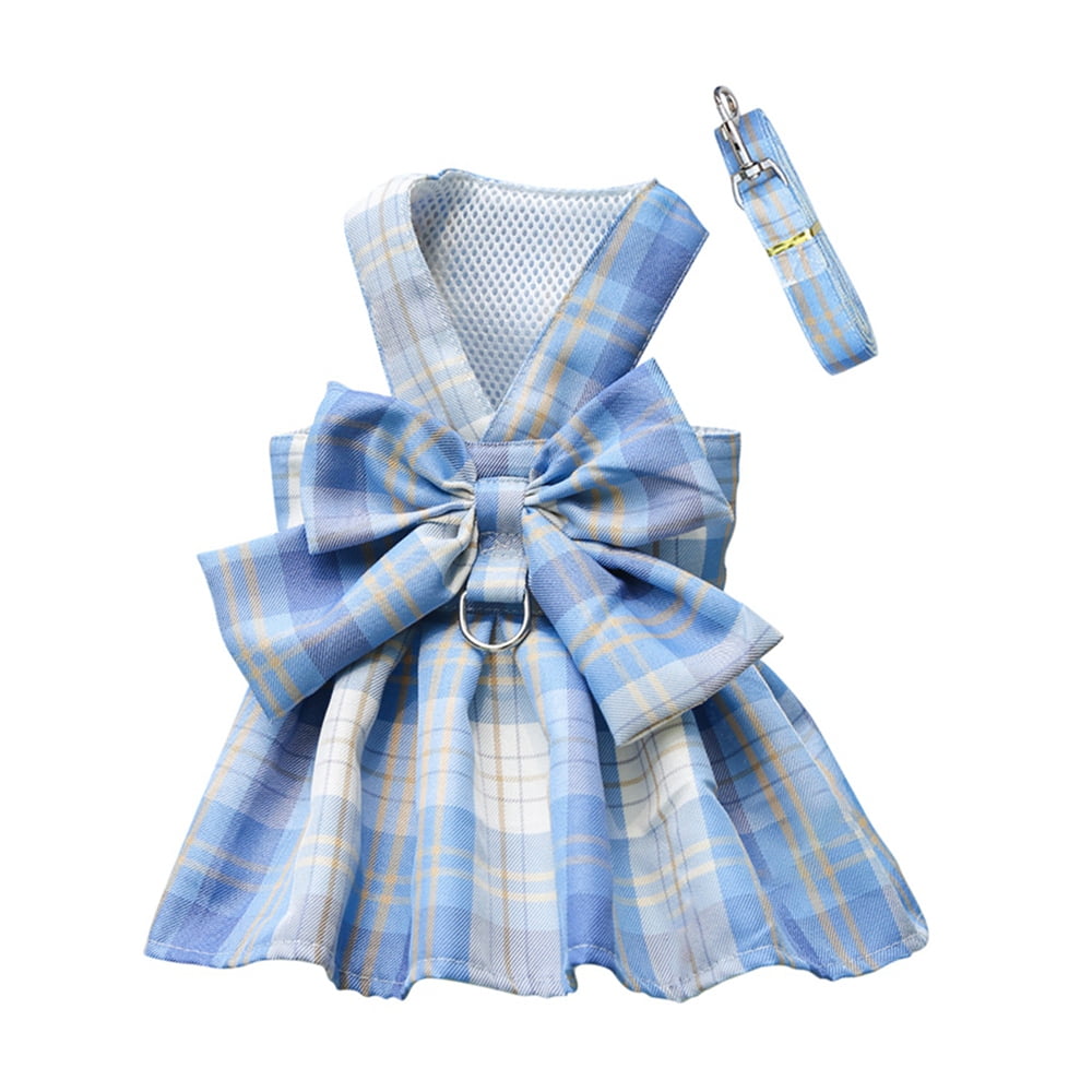 Popvcly Dog Dress Harnesses with Leash Set JK Plaid Puppy Girl Skirt ...
