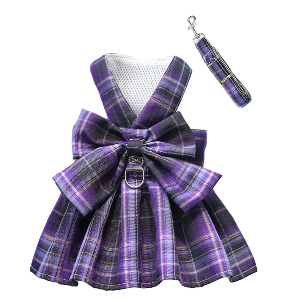 Popvcly Dog Dress Harnesses with Leash Set JK Plaid Puppy Girl Skirt ...