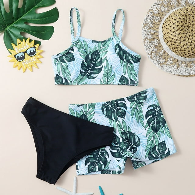 Popvcly Girl's Leaf Printed Bikini Set Kids Bathing Suit 3 Piece ...