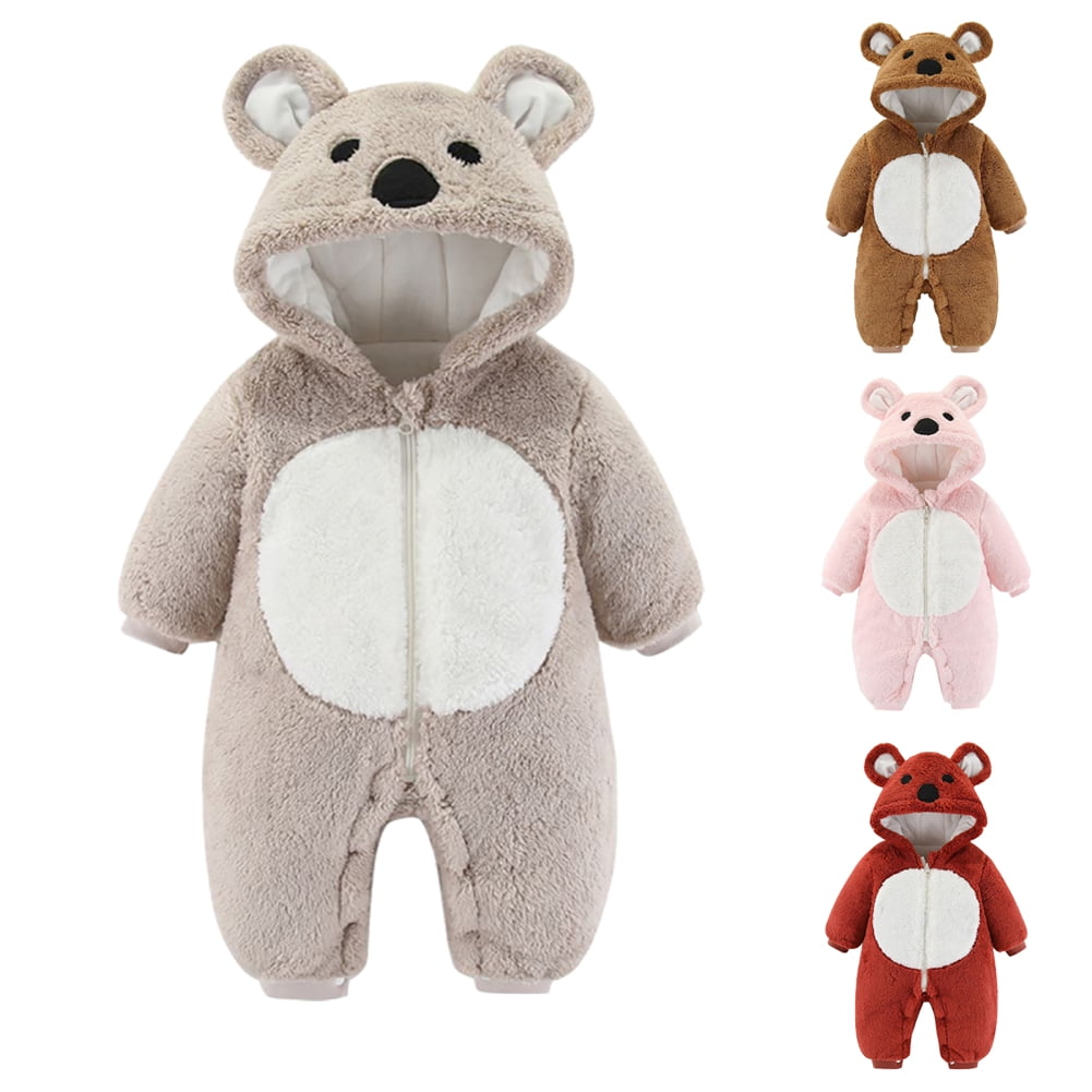 Popvcly Toddler Baby Boys Girls Full Zip Up Plush Hooded Bodysuit Cute Bear Ears Winter Thick ...