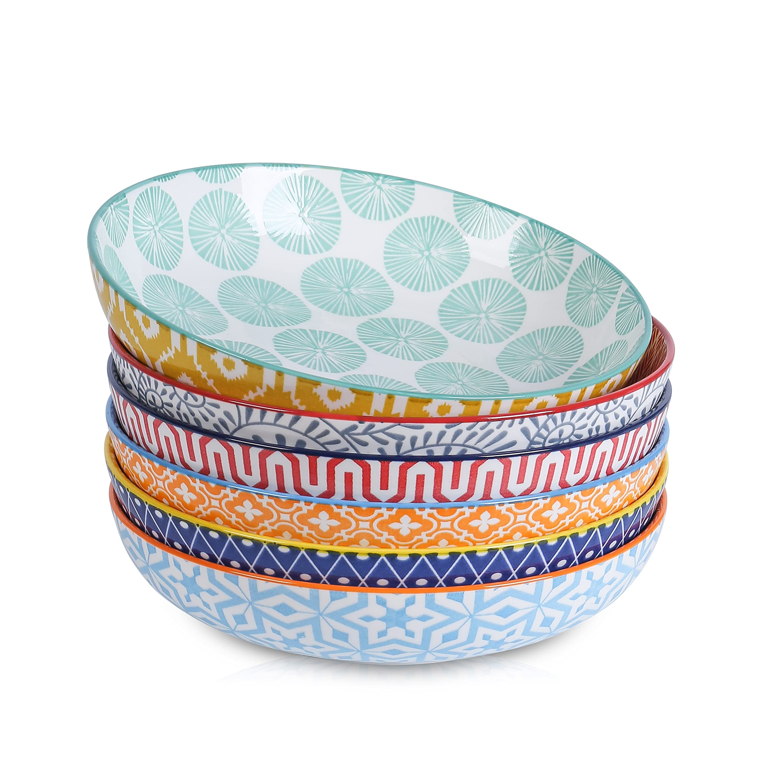 Porcelain 26 Ounce Pasta Bowls Set of 6, 8 inch Wide and Shallow Salad ...
