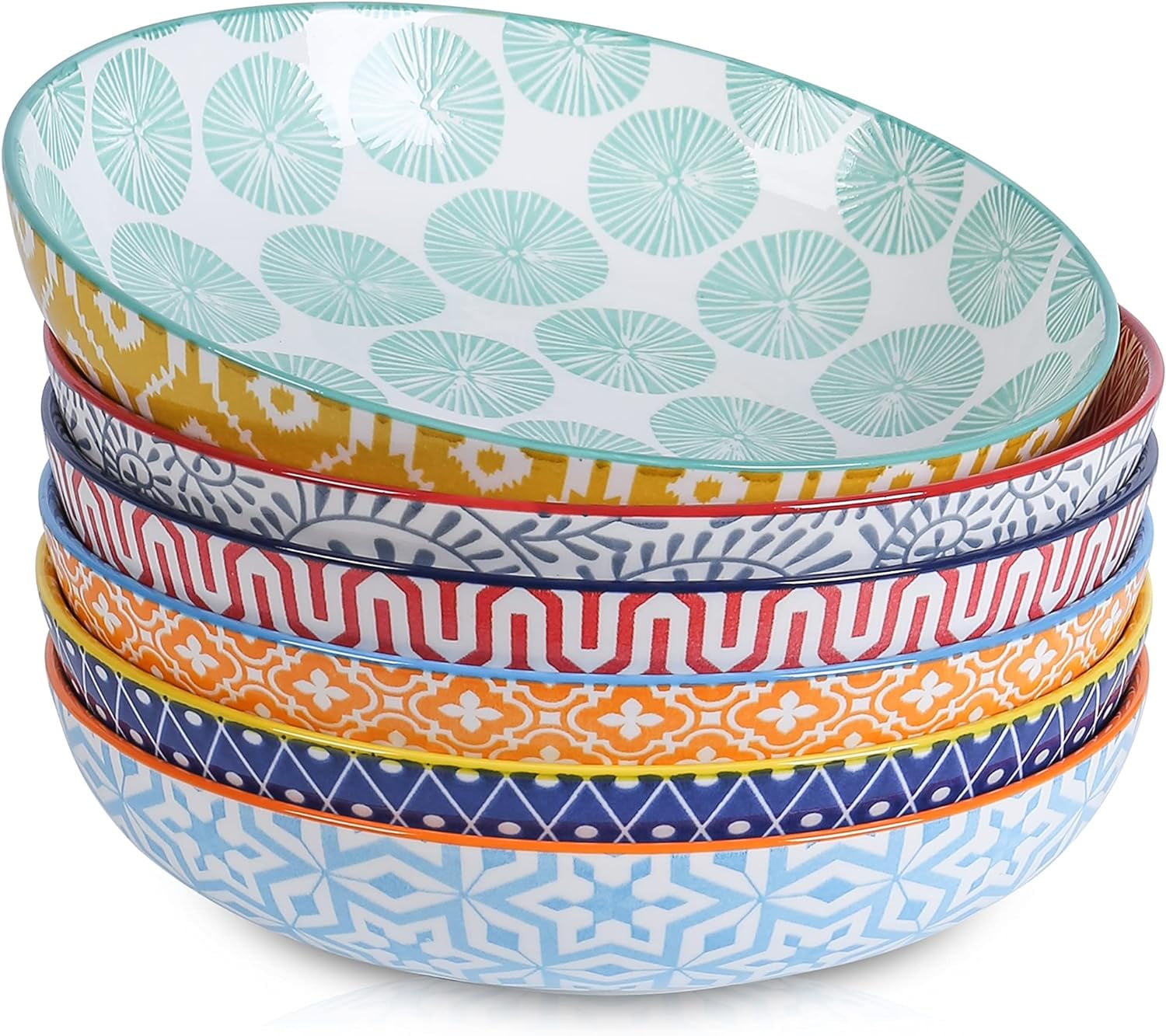 Porcelain 26 Ounce Pasta Bowls Set of 6, 8 inch Wide and Shallow Salad ...