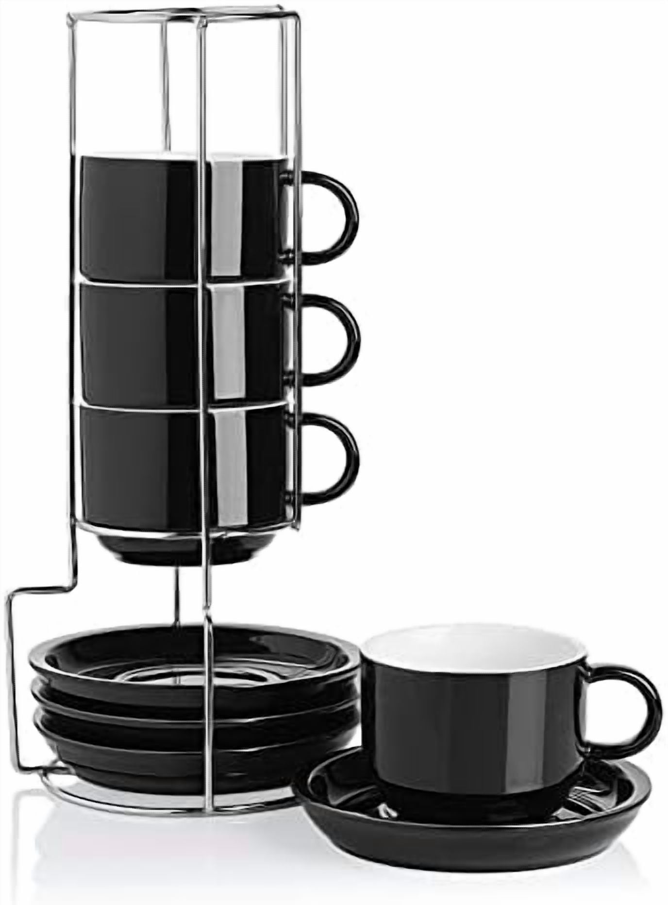 Porcelain Cappuccino Cups with Saucers and Metal Stand, 8 Ounce ...