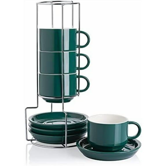 Porcelain Cappuccino Cups with Saucers and Metal Stand, 8 Ounce ...