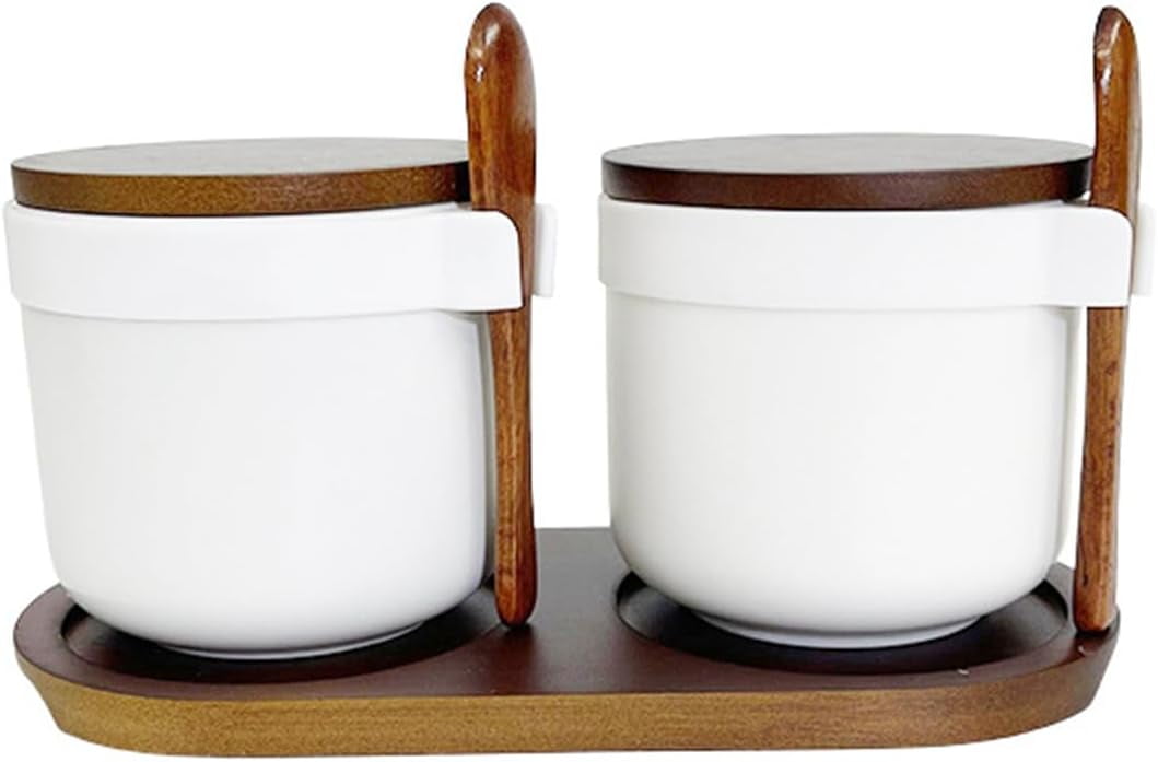 Porcelain Condiment Pot with Lid and Spoon, Kitchen Salt Bowl Sugar ...