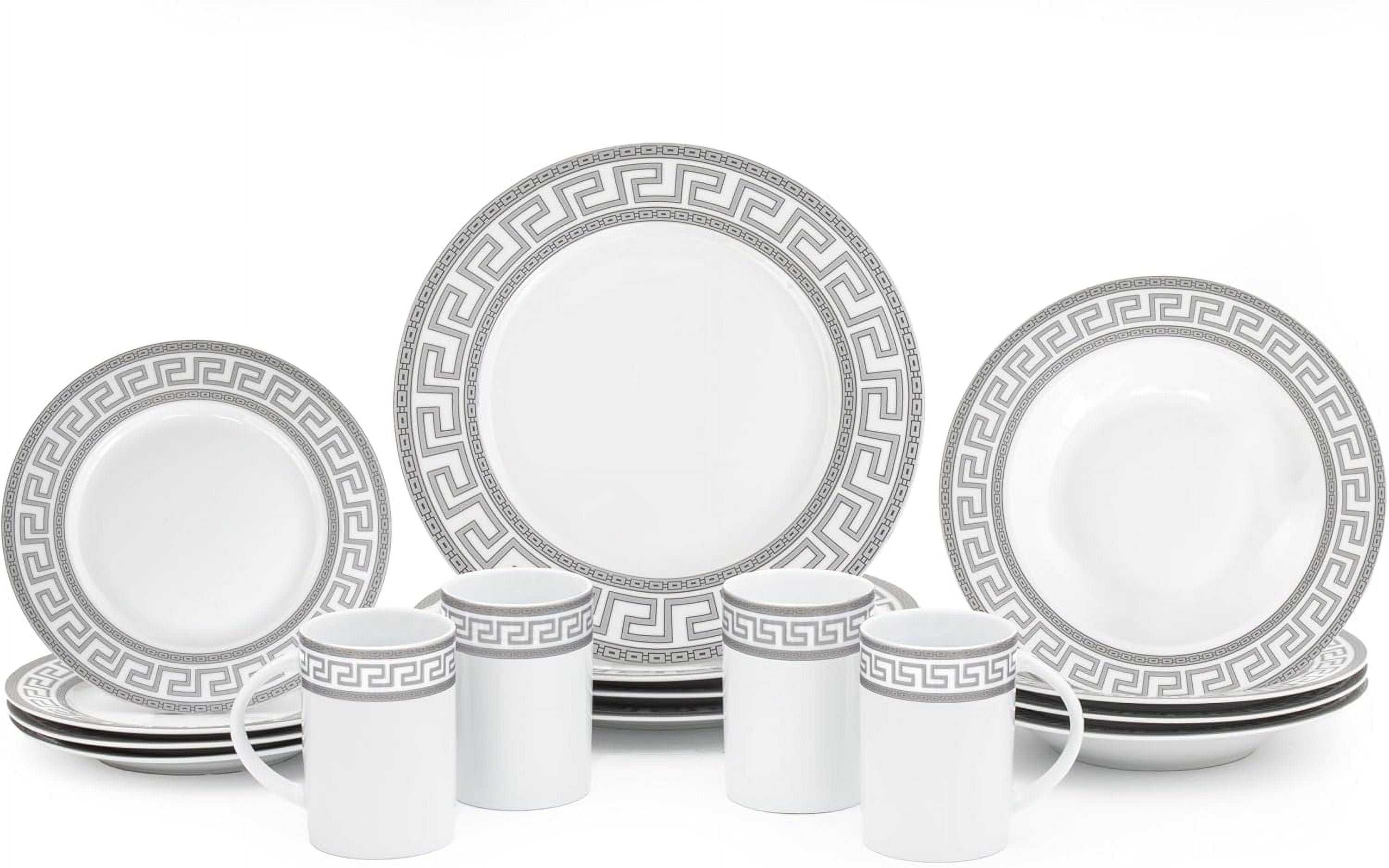 Porcelain Dinnerware Set for 4 - White with Silver 16 Piece Vintage Greek Key Design - Elegant ...