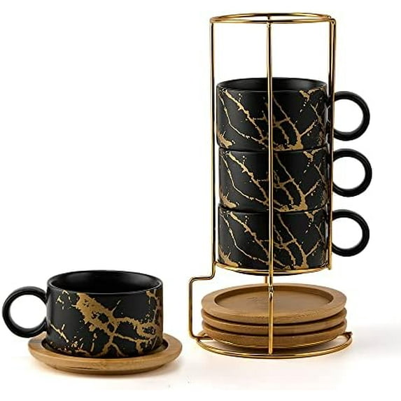 Porcelain Espresso Cup with Metal Stand, 6 Ounce Stackable Ceramic ...