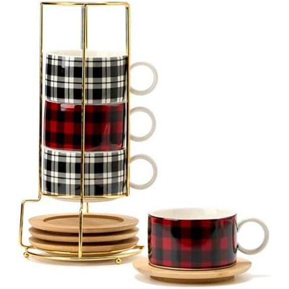 Porcelain Espresso Cup with Metal Stand,6 Ounce Stackable Ceramic ...