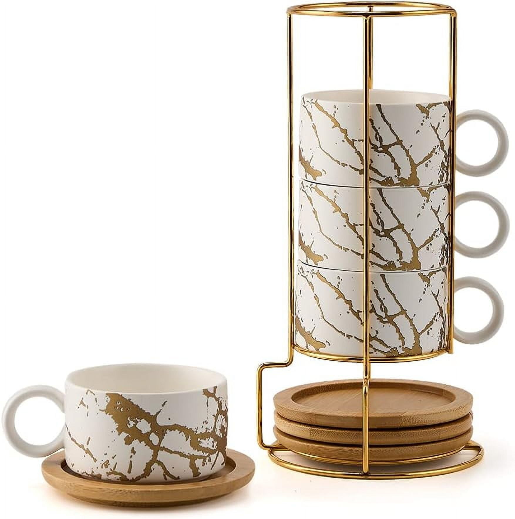 Porcelain Espresso Cup with Metal Stand, 6 Ounce Stackable Ceramic ...
