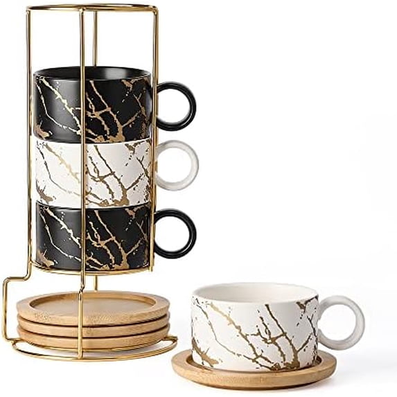Porcelain Espresso Cup with Metal Stand, 6 Ounce Stackable Ceramic ...